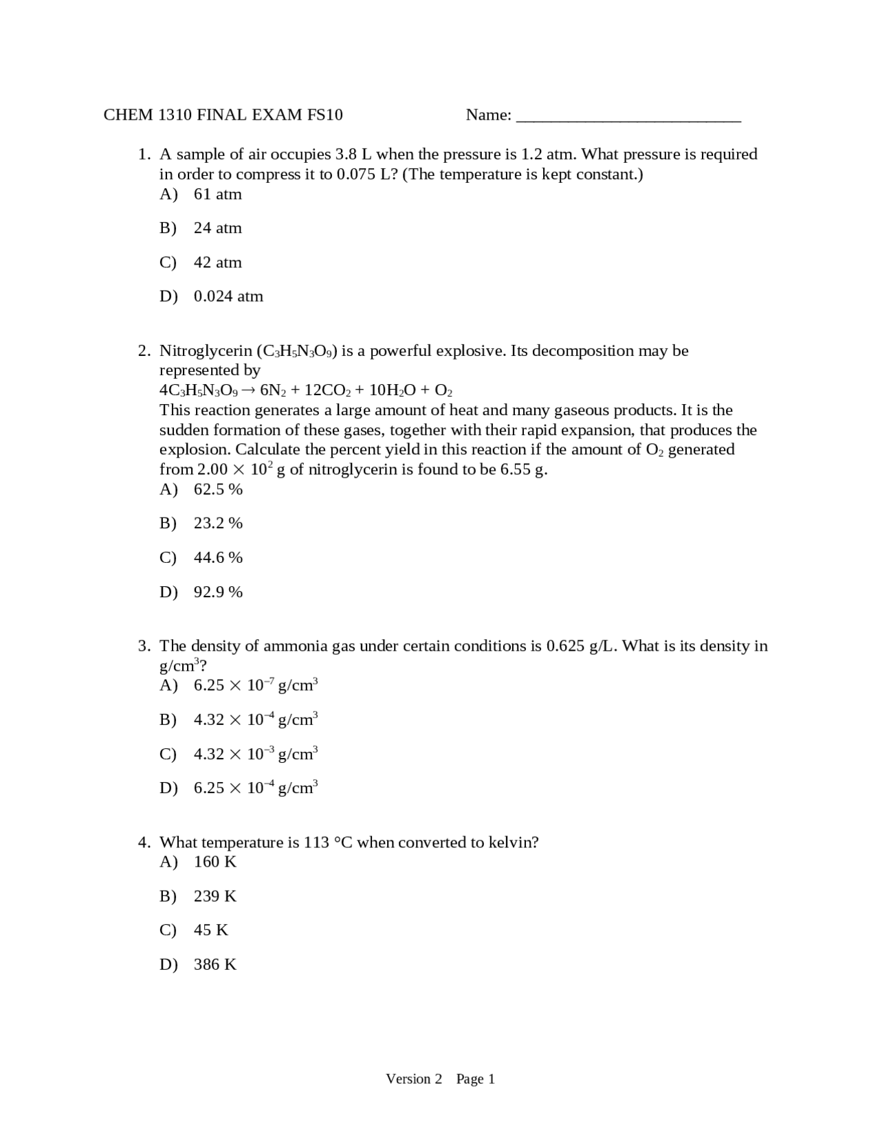 General Chemistry - Final Exam Questions | CHEM 1310 - Docsity