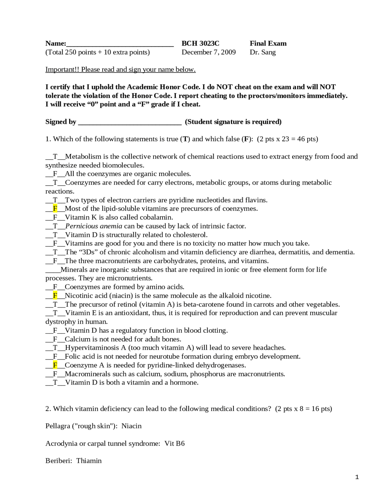 Final Exam Review With Solution For Introduction To Biochemistry Bch