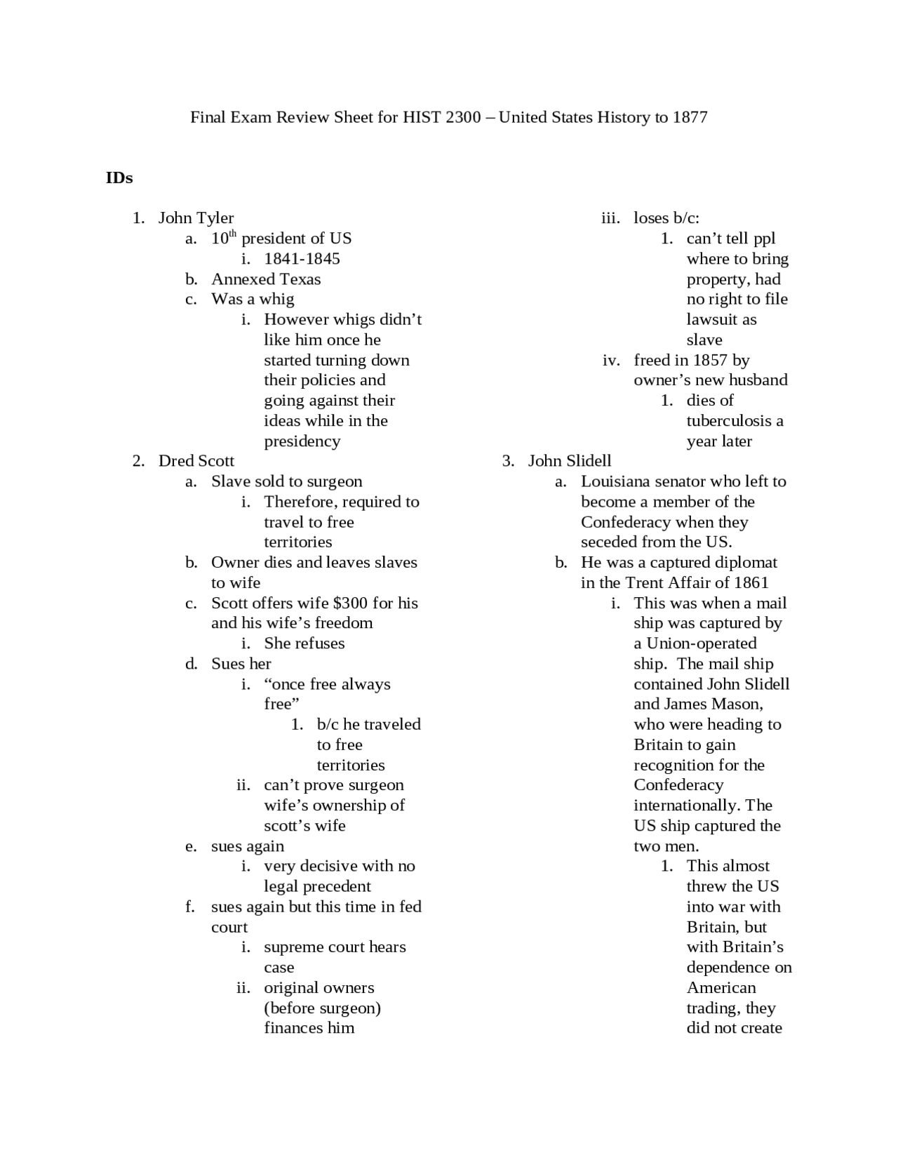 Review Sheet for HIST 2300: United States History to 1877 - Final Exam ...