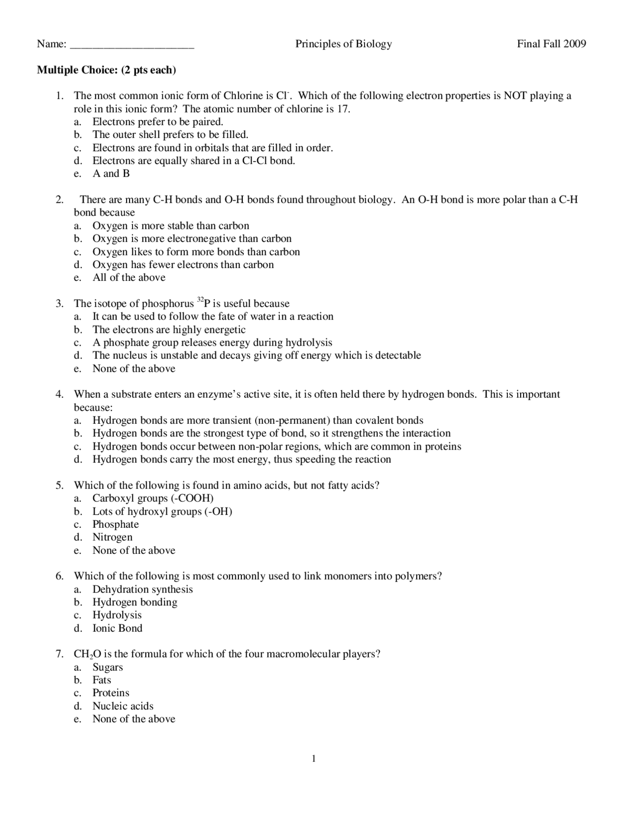 Final Exam Questions On Principles Of Biology Fall 2009 Biol 12100