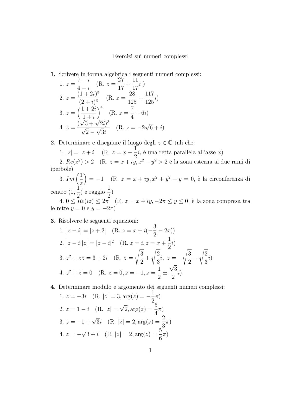 Esercizi Sui Numeri Complessi Docsity