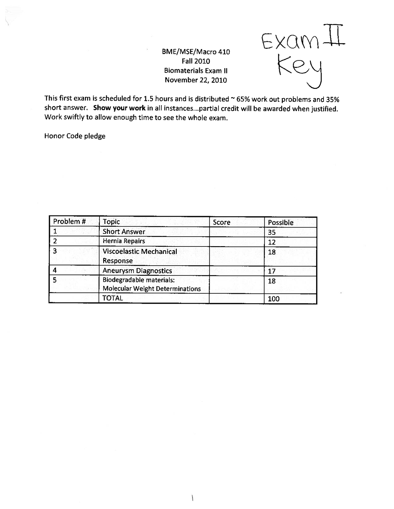 Midterm Exam 2 With Answer Key Biomaterials Matscie 410 Docsity