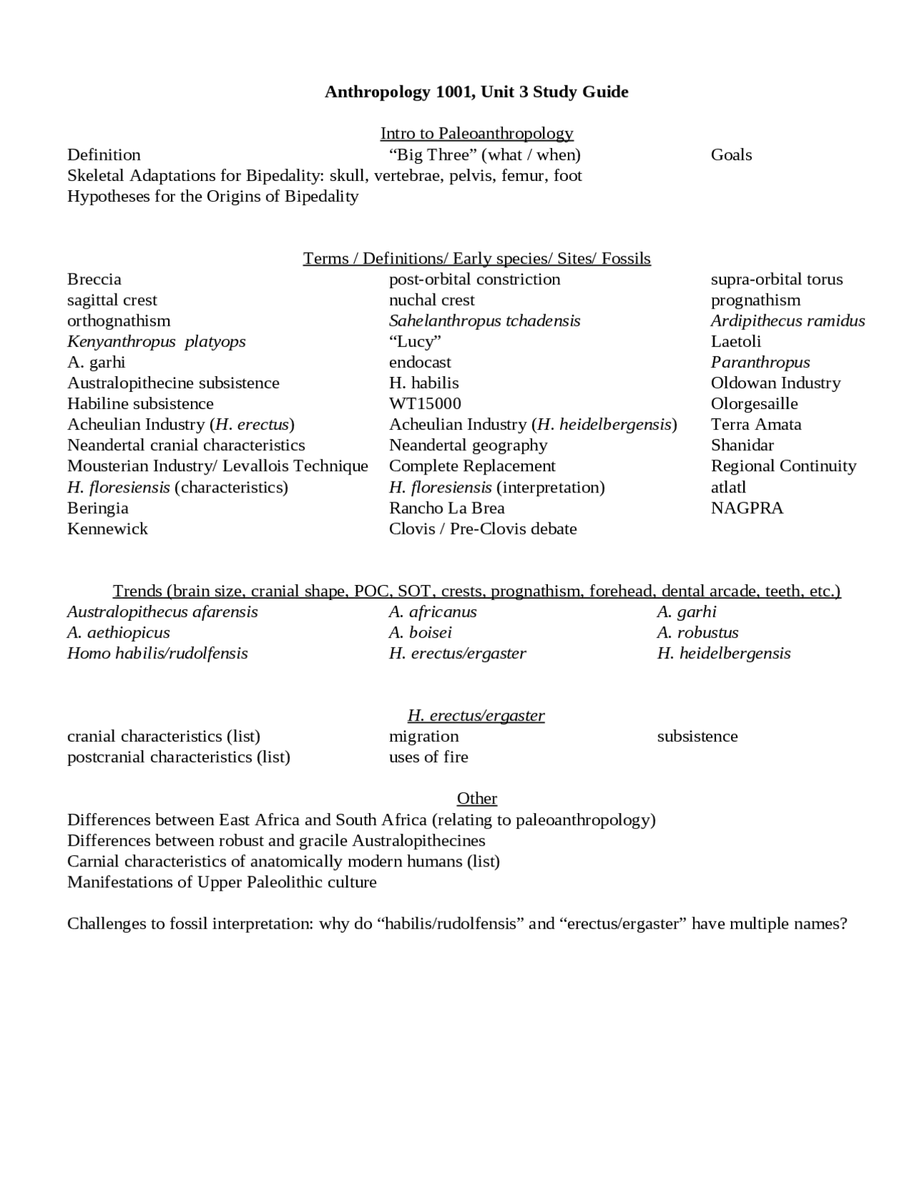 Final Exam Study Guide for Introduction to Physical Anthropology and ...