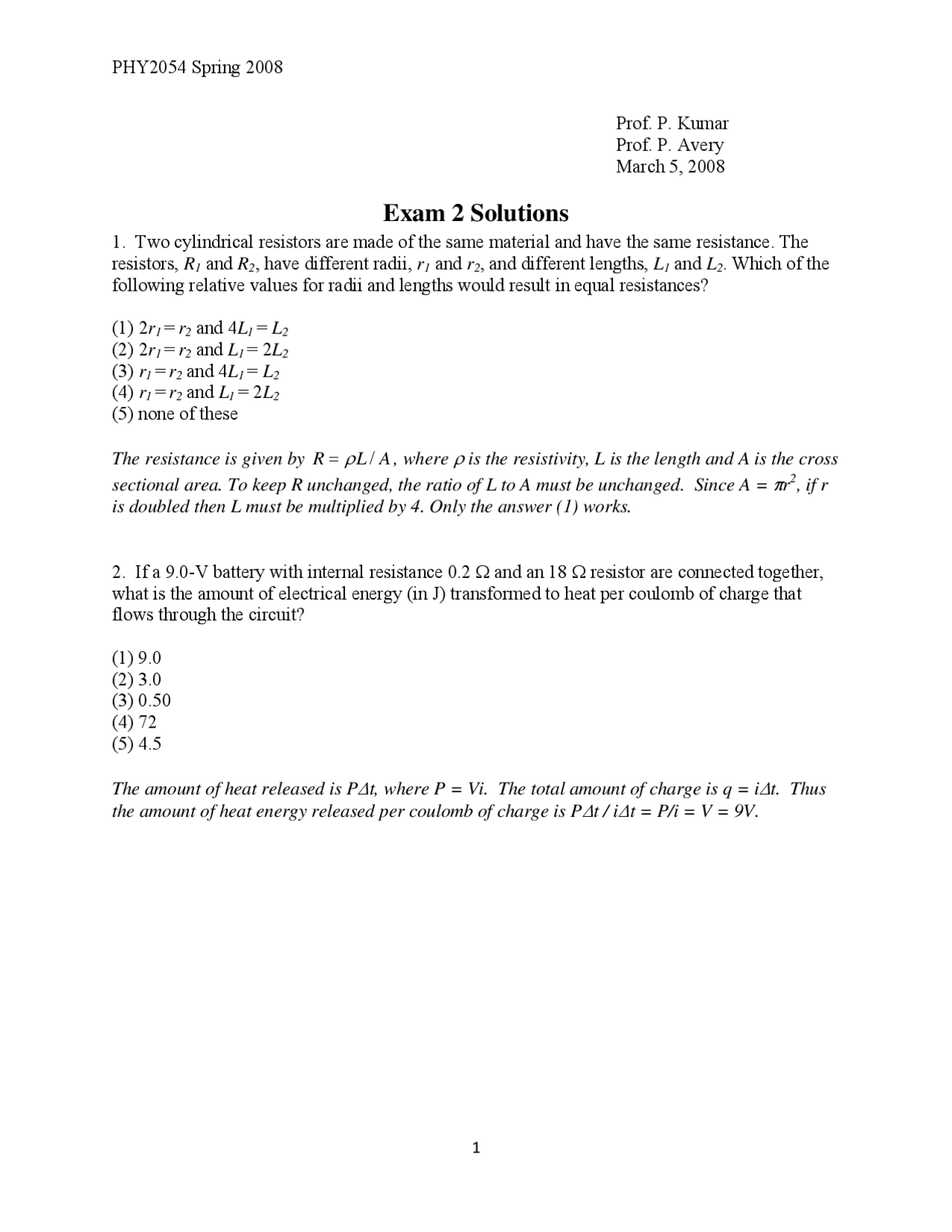 Exam 2 Solutions For Physics 2 Spring 2008 Phy 2054 Docsity