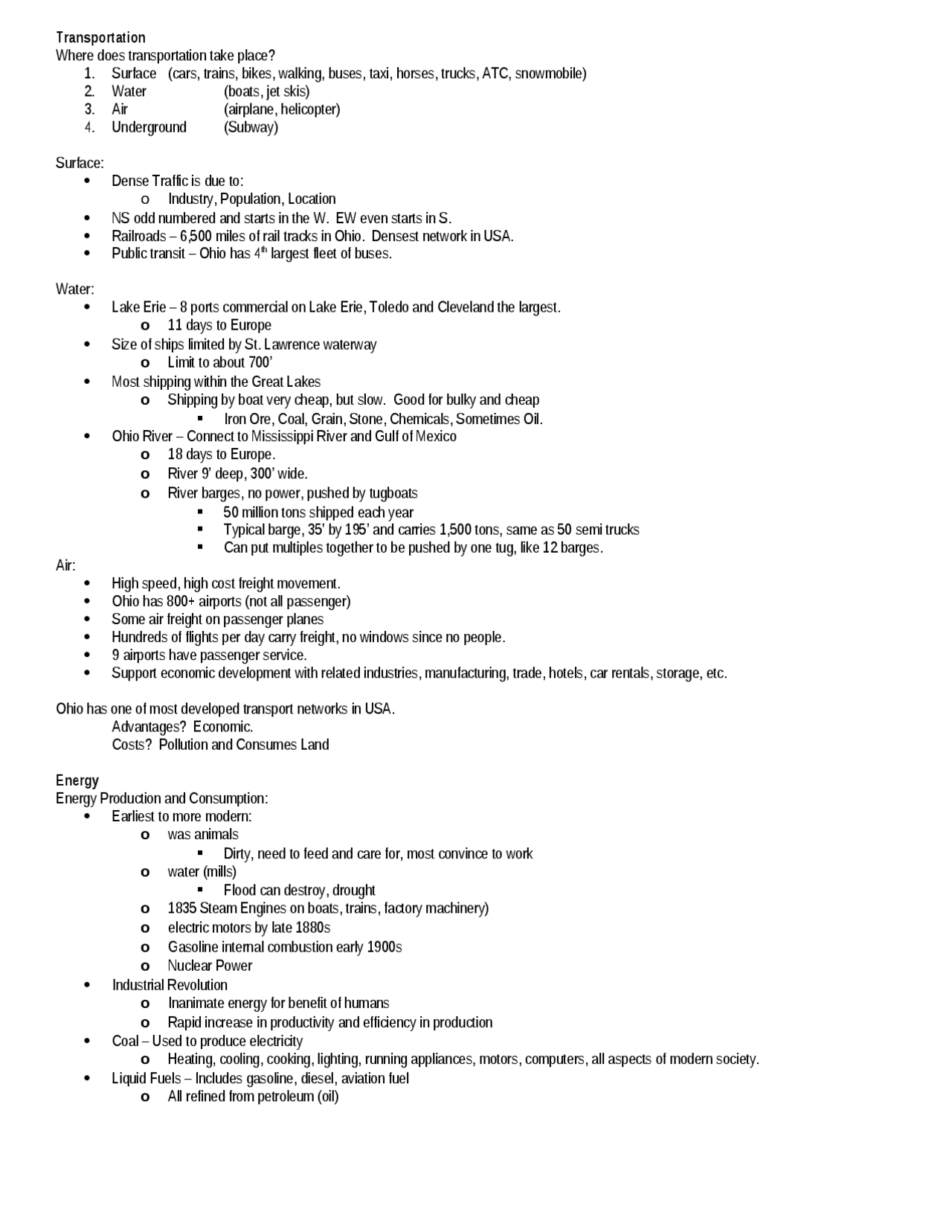 Transportation Surface Water Energy Notes Geog 37010 Docsity
