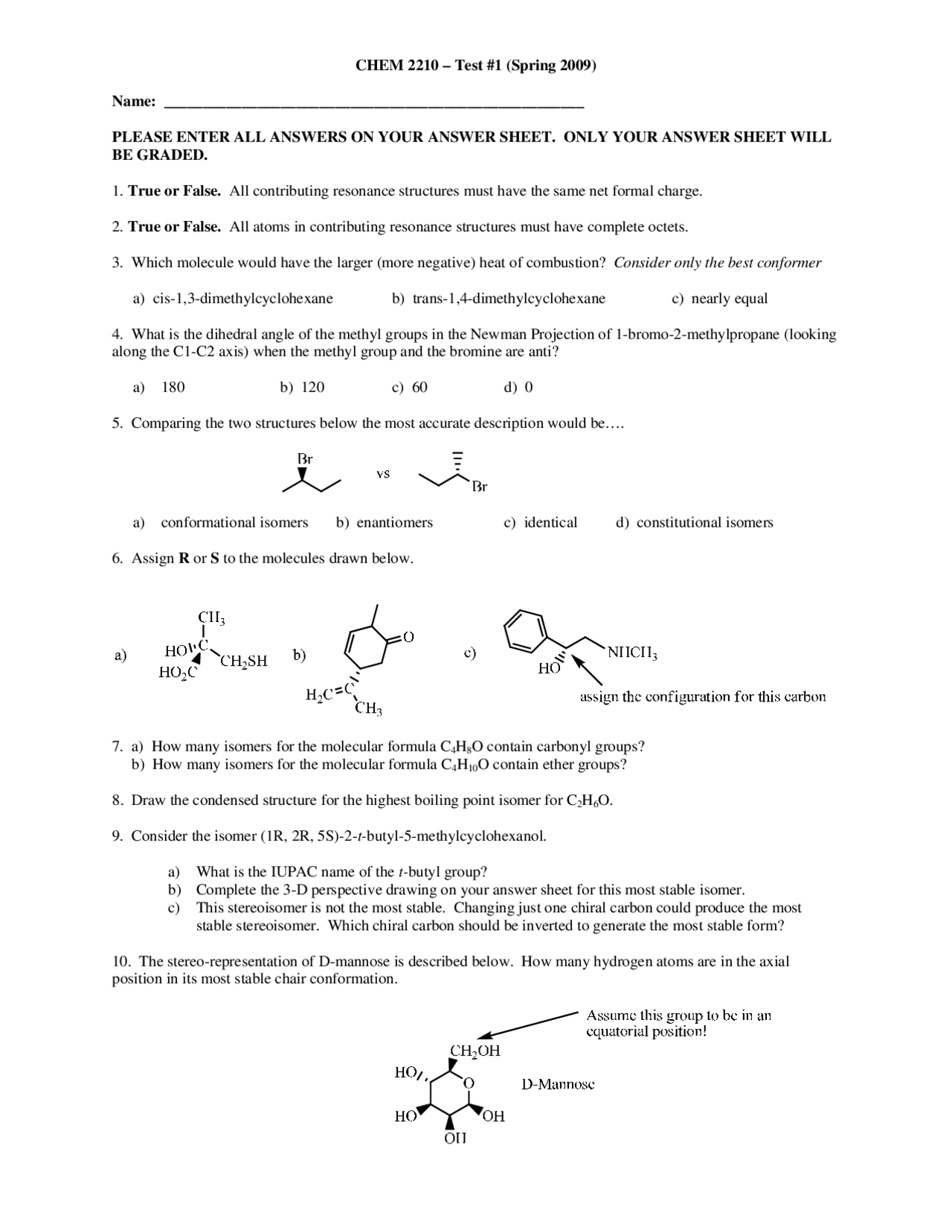 Organic Chemistry Test 1 2009 Truefalse And Multi Choice Questions