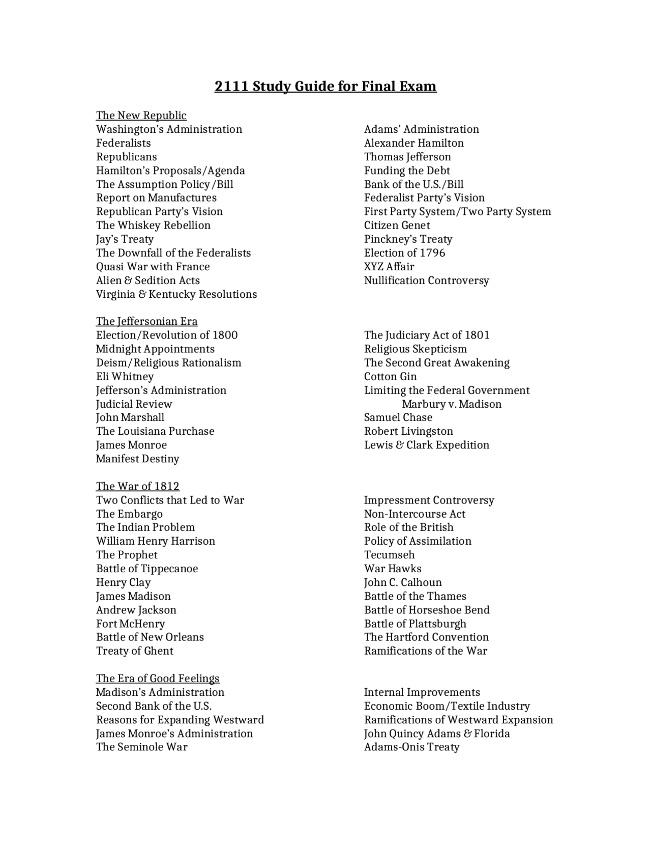 Study Guide for Final Exam - U.S. History I to 1865 | HIST 2111 - Docsity