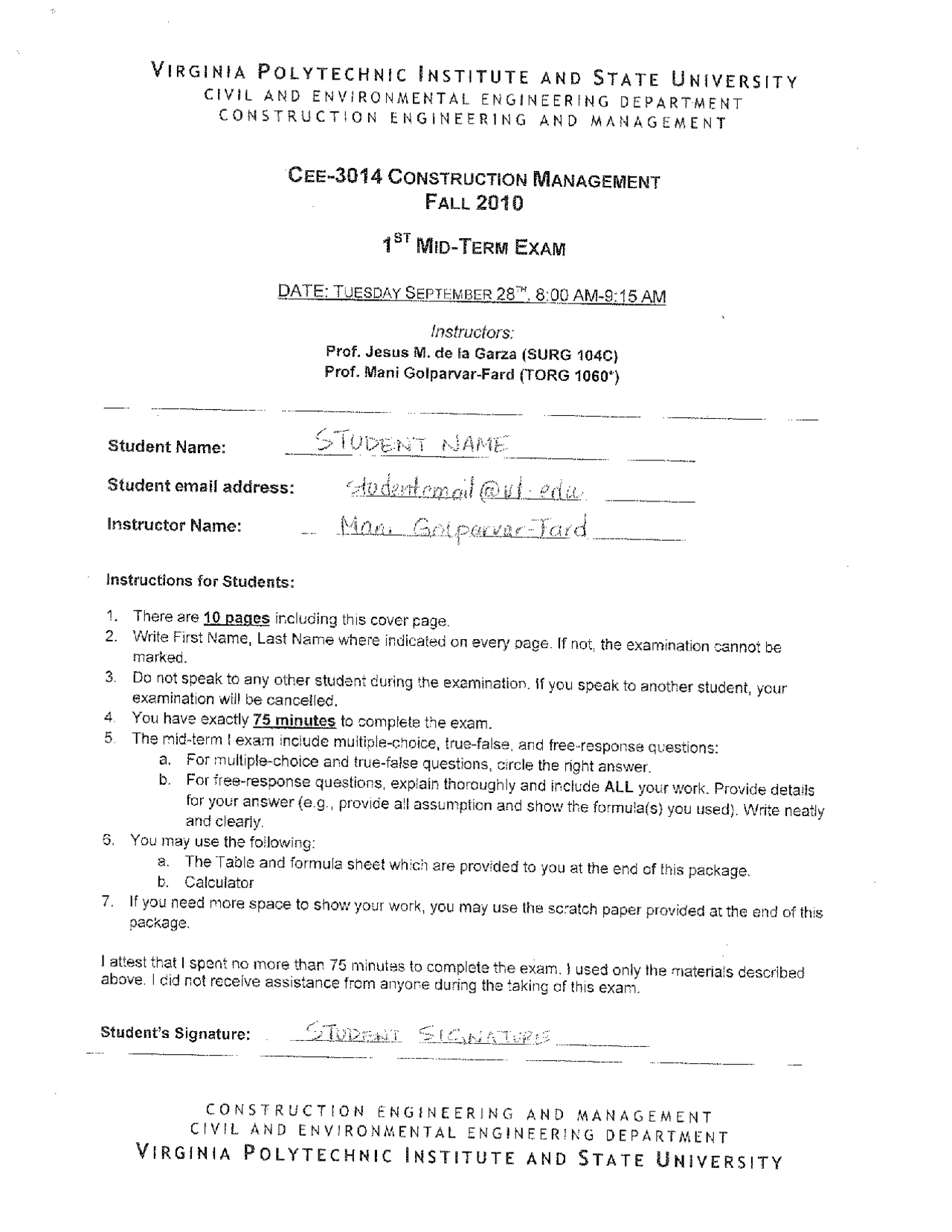 Midterm Exam 1 Construction Management Fall 2010 Cee 3014 Docsity