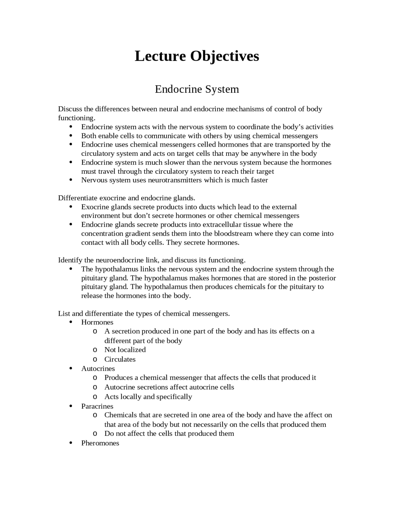 Endocrine System Lecture Notes Biosc 223 Docsity