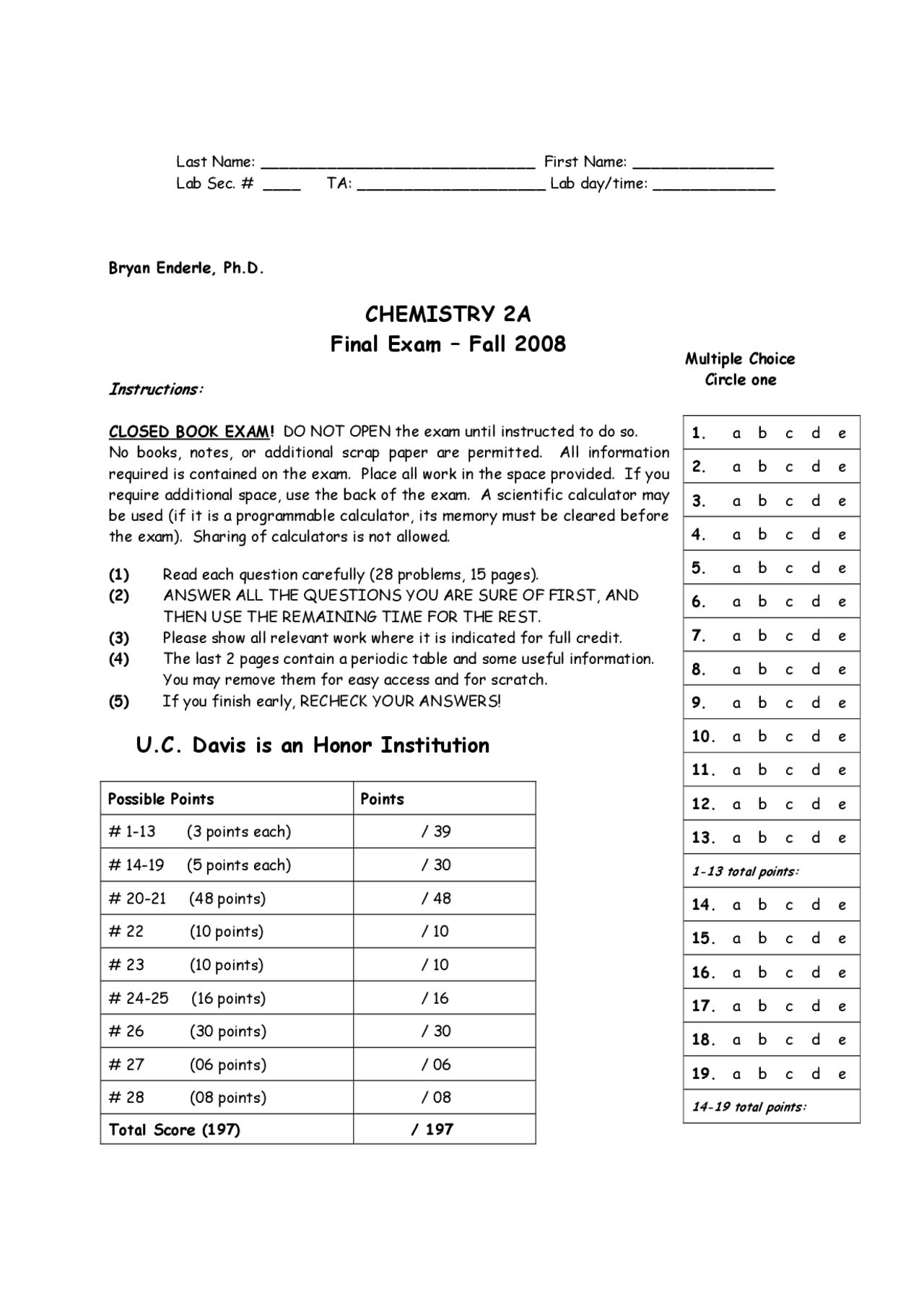 Solved Multiple Choice Questions On General Chemistry Exam Che 002a