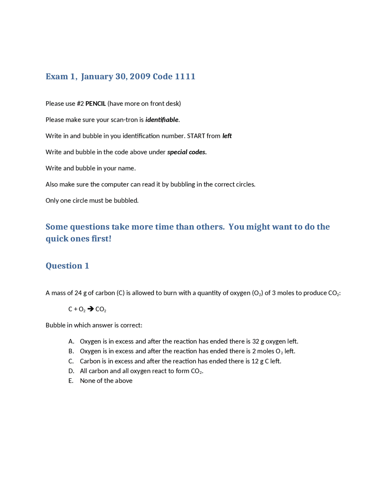 Practice Exam 1 Chemistry A Molecular Science Fall 2009 Ch 101