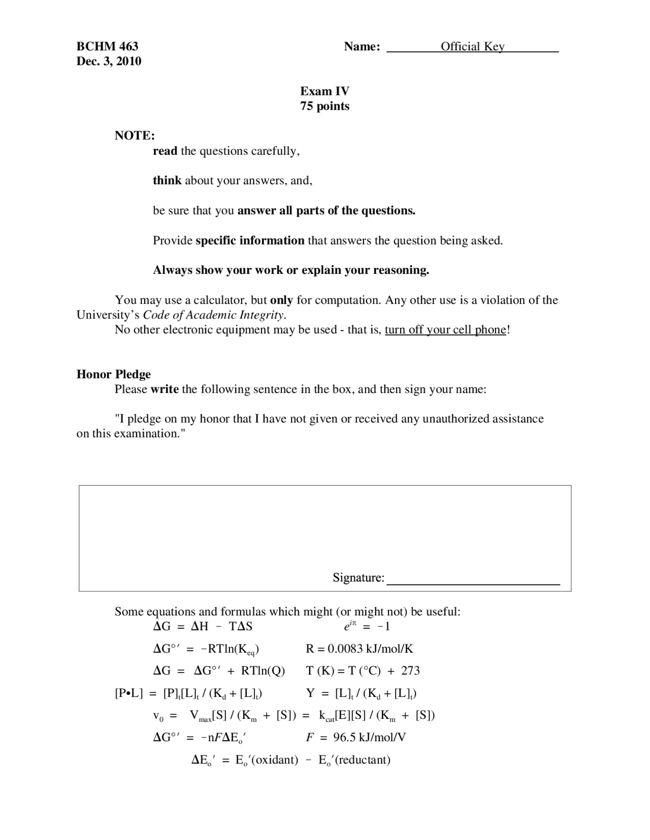 Exam 4 With Answer Key For Biochemistry Of Physiology Bchm 463 Docsity