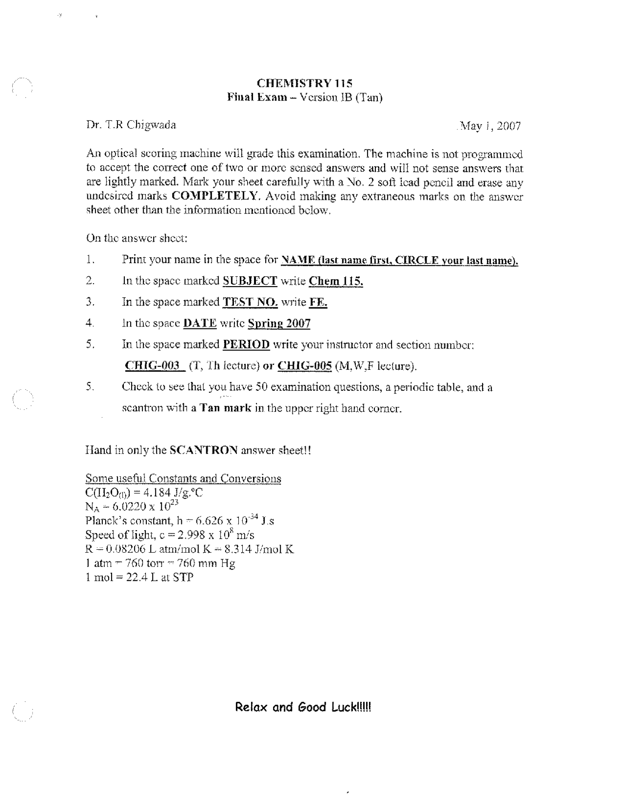 Final Exam Practice Problems on Fundamentals of Chemistry | CHEM 115 ...