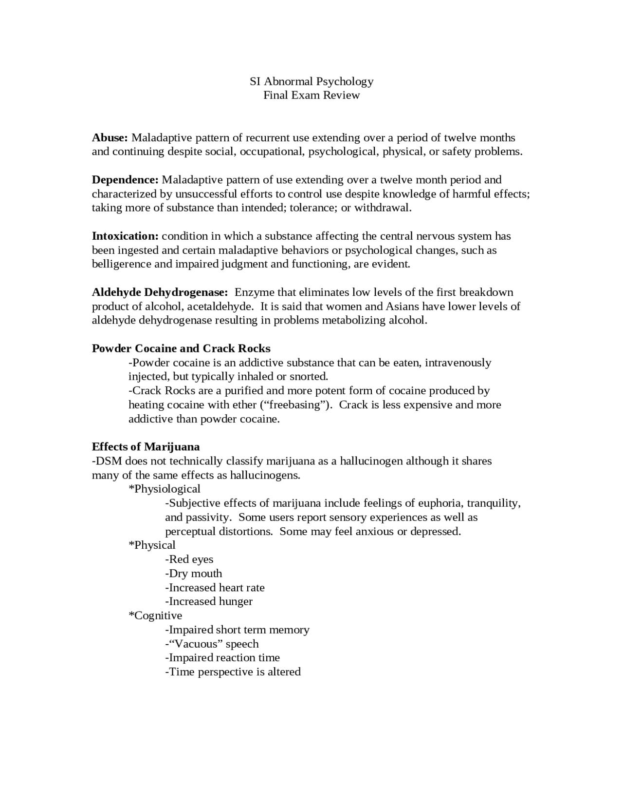 Final Exam Review Sheet - Abnormal Psychology | PSYC 259 - Docsity