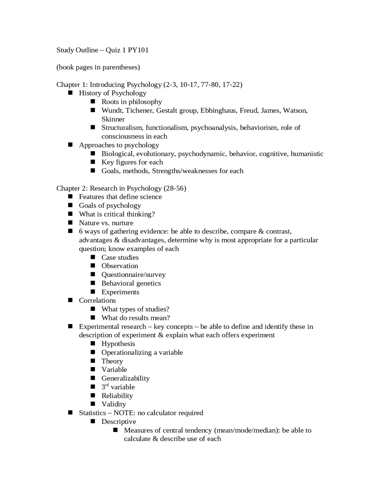 Introducing Psychology - Study Outline in Quiz 1 | PY 101 - Docsity