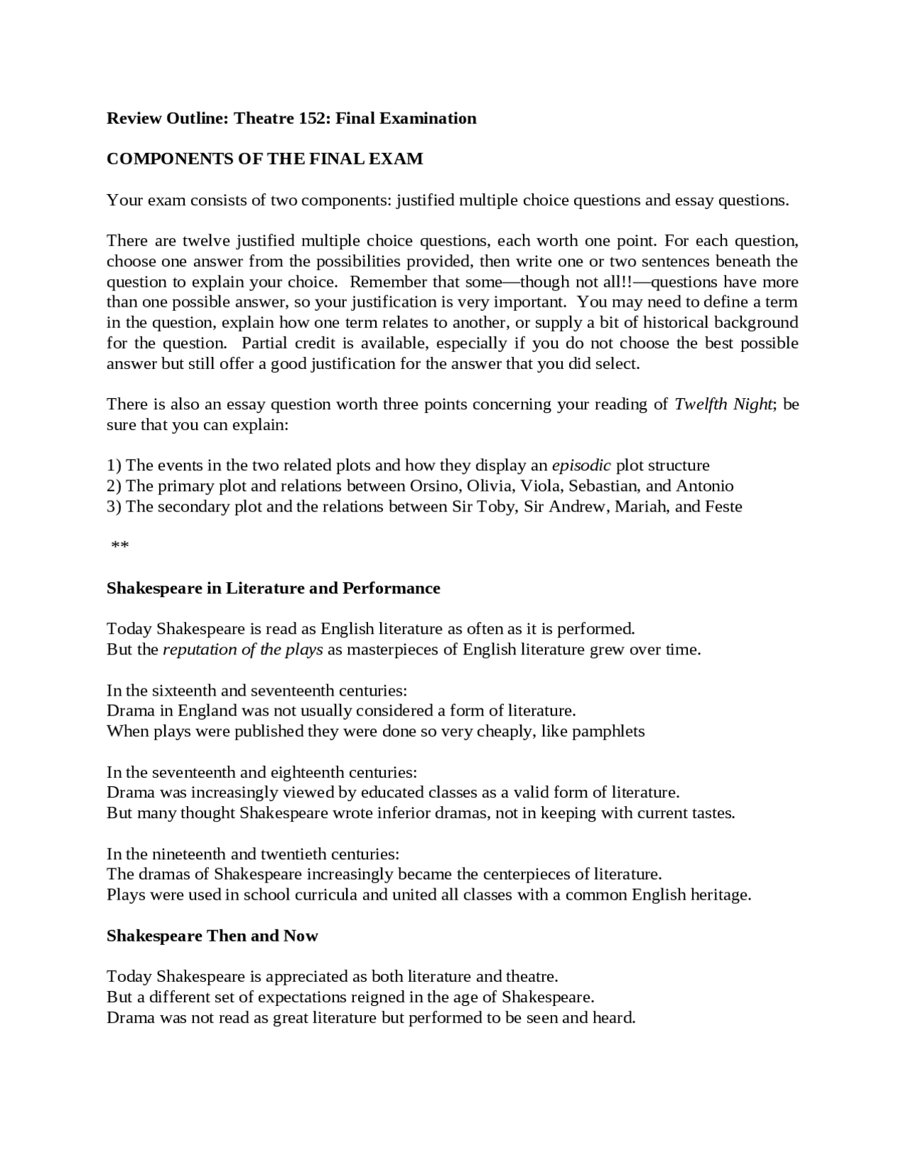 Final Exam - Experiencing Theatre | THE 152.00 - Docsity
