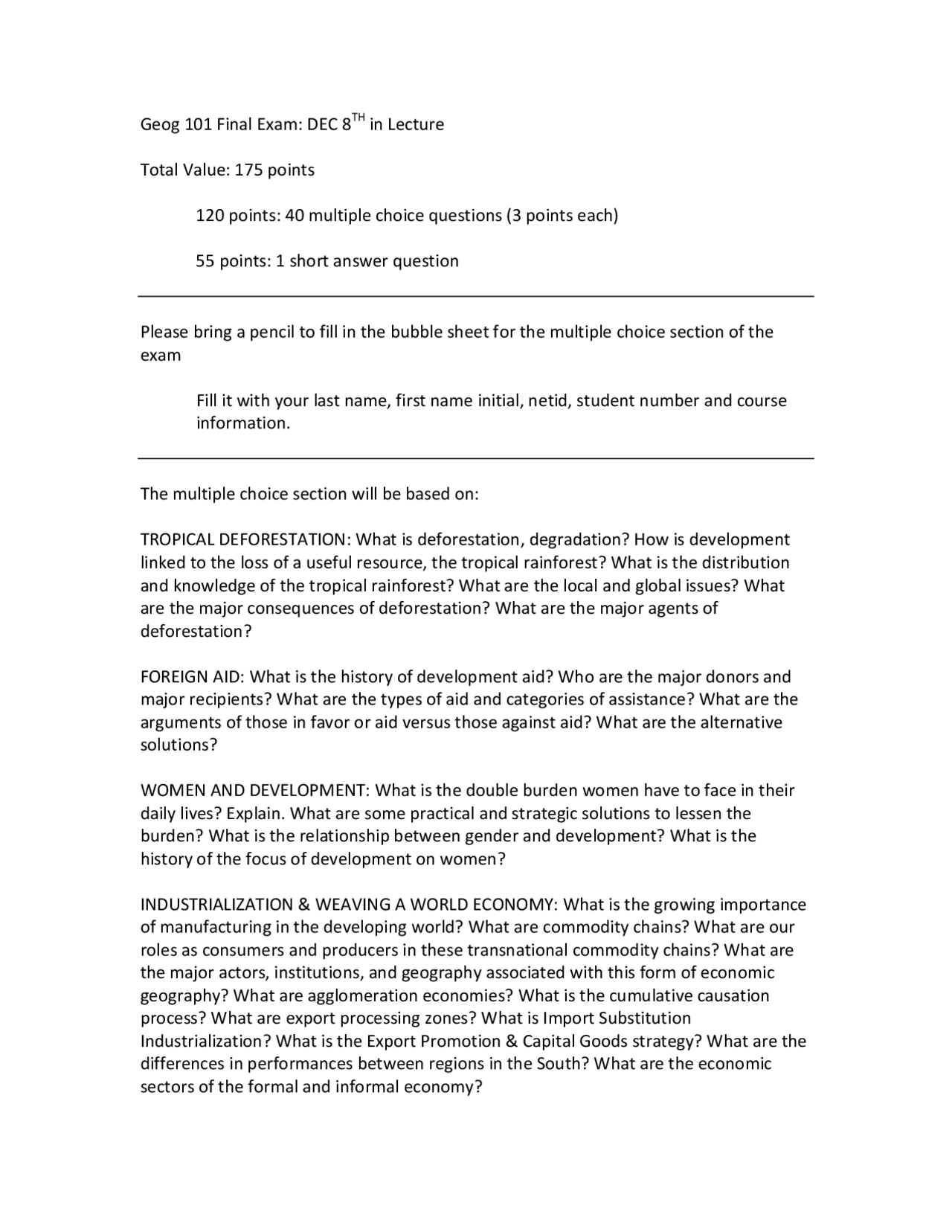 Final Exam Global Development And Environment Geog 101 Docsity