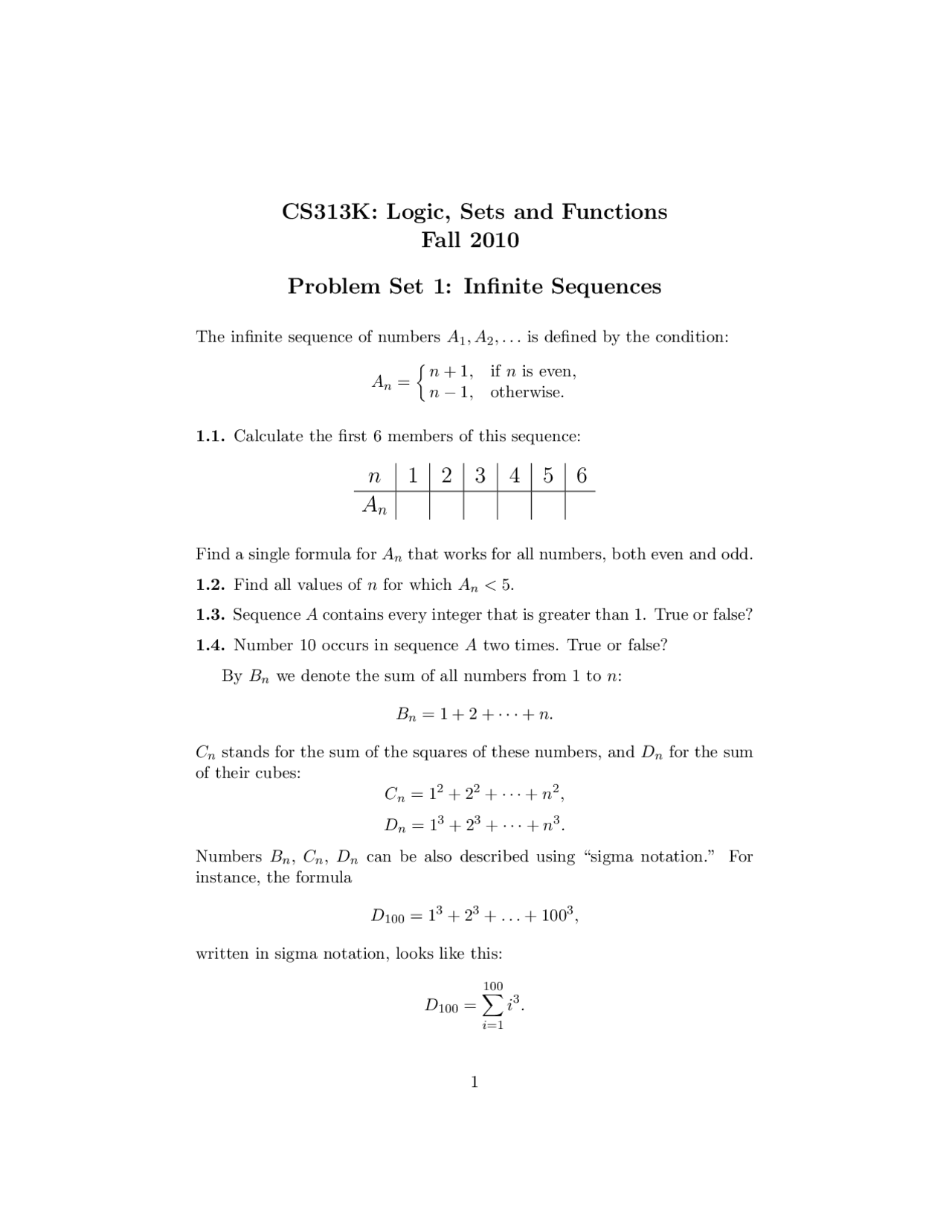 Infinite Sequences Problem Set 1 C S 313k Docsity