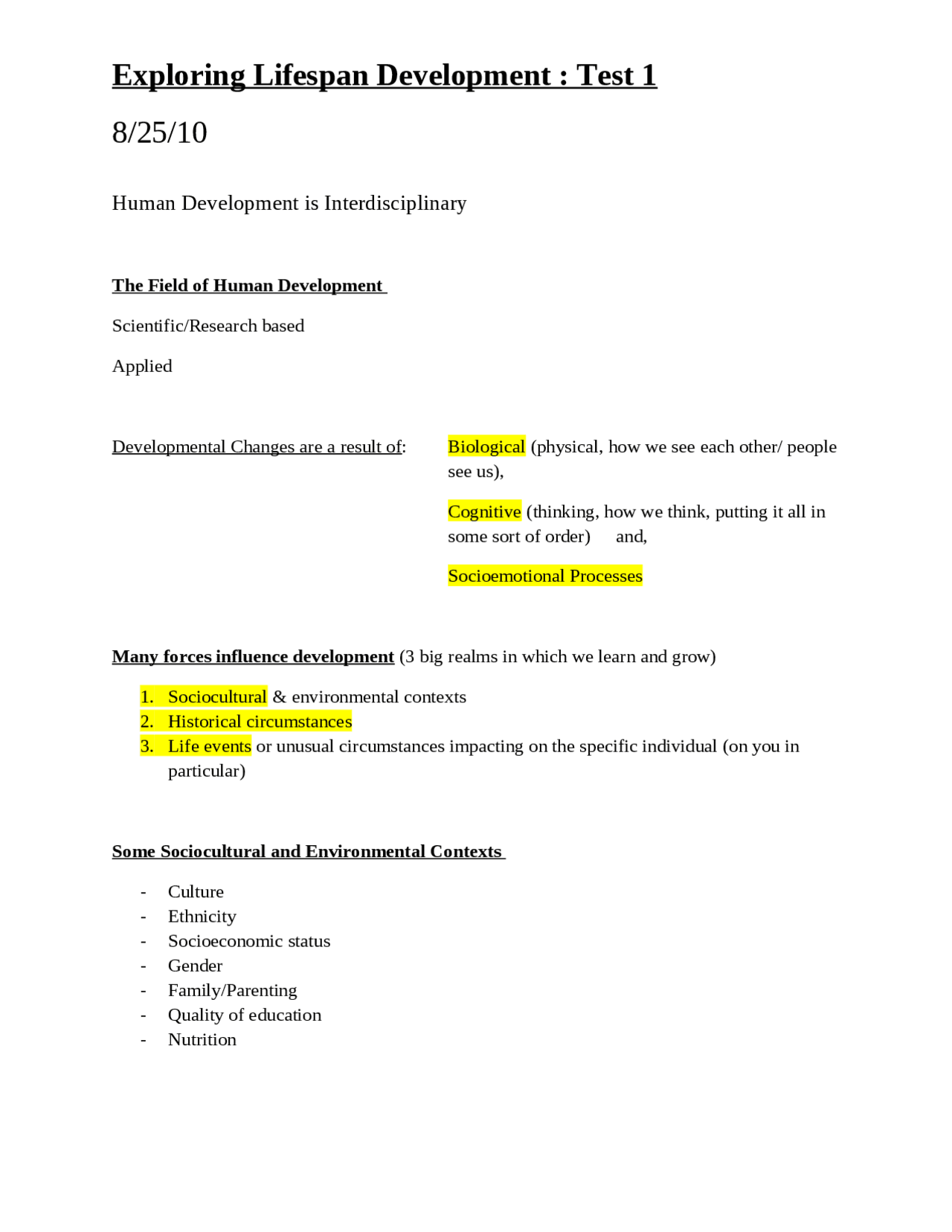 Exploring Lifespan Development - Test 1 - Lifespan Development | CHFD ...