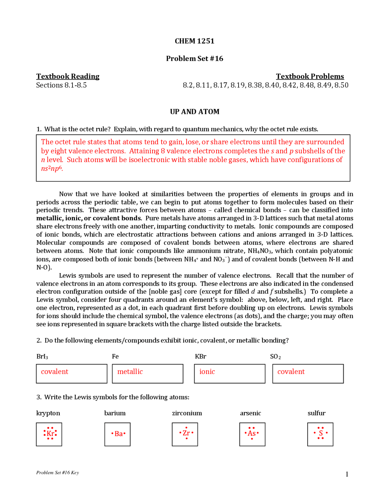 Octet Rule and Atoms - Notes for Problem Set 16 | CHEM 1251 - Docsity