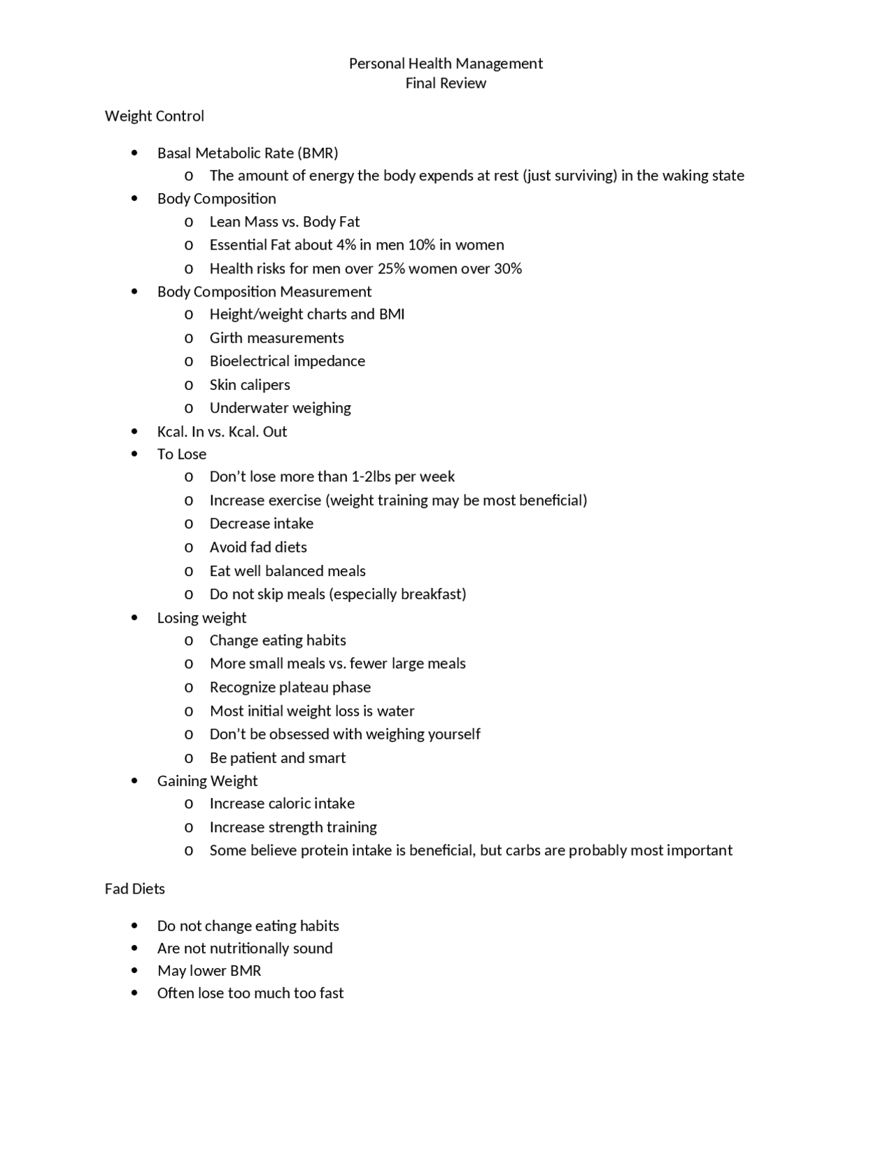 Personal Health Management: An Approach for a Lifetime - Final Review ...