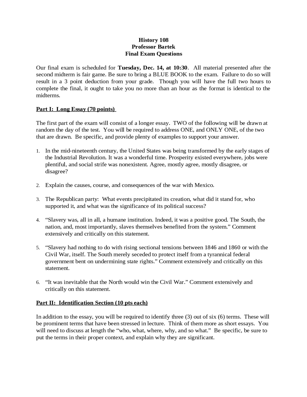 Final Exam Questions - History of United States Thrust 1865 | HIS 108 ...