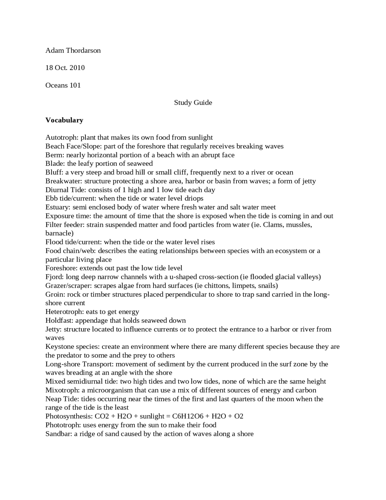 Vocabulary, Questions - Survey Oceanography - Study Guide | OCEAN 101 ...