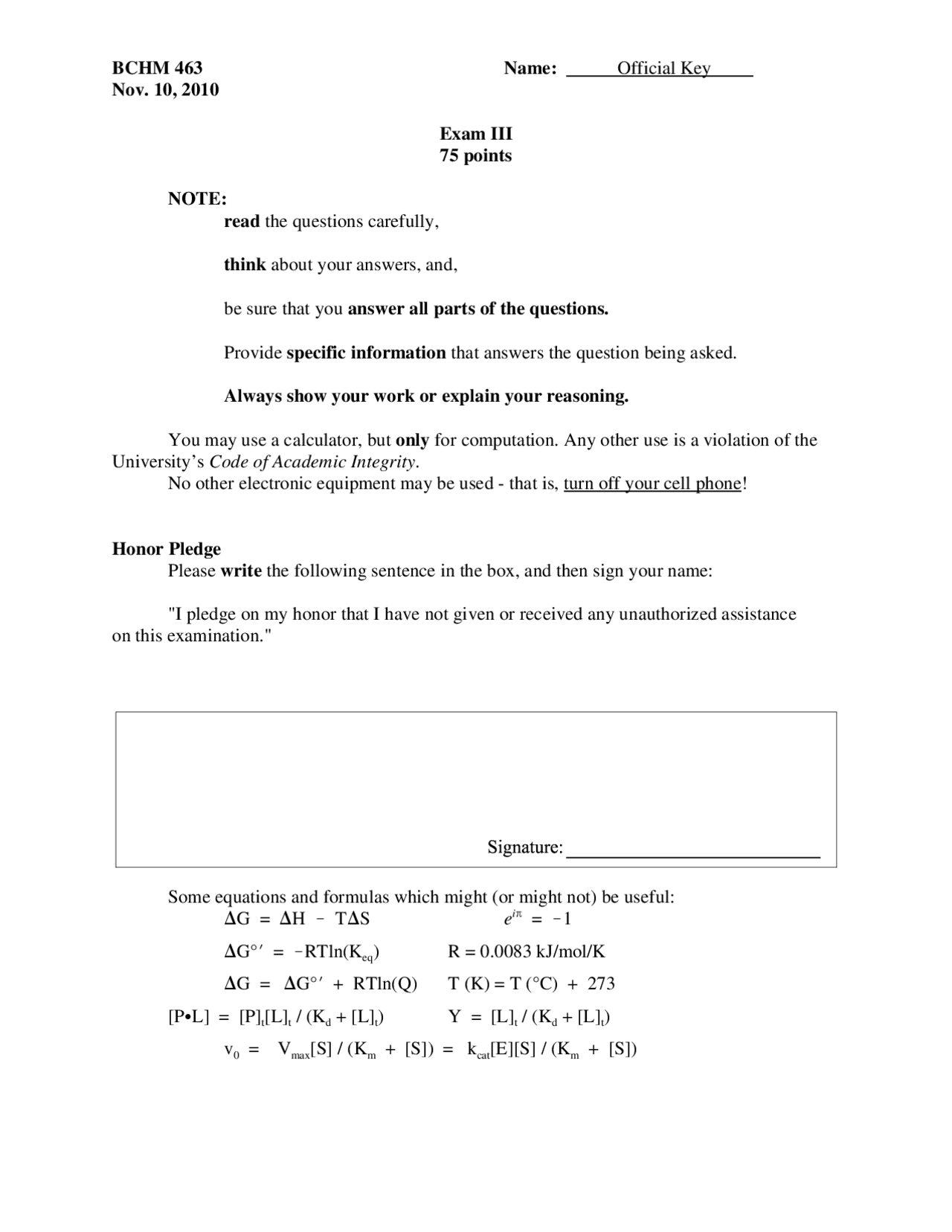 Exam 3 With Official Key Biochemistry And Physiology Bchm 463 Docsity