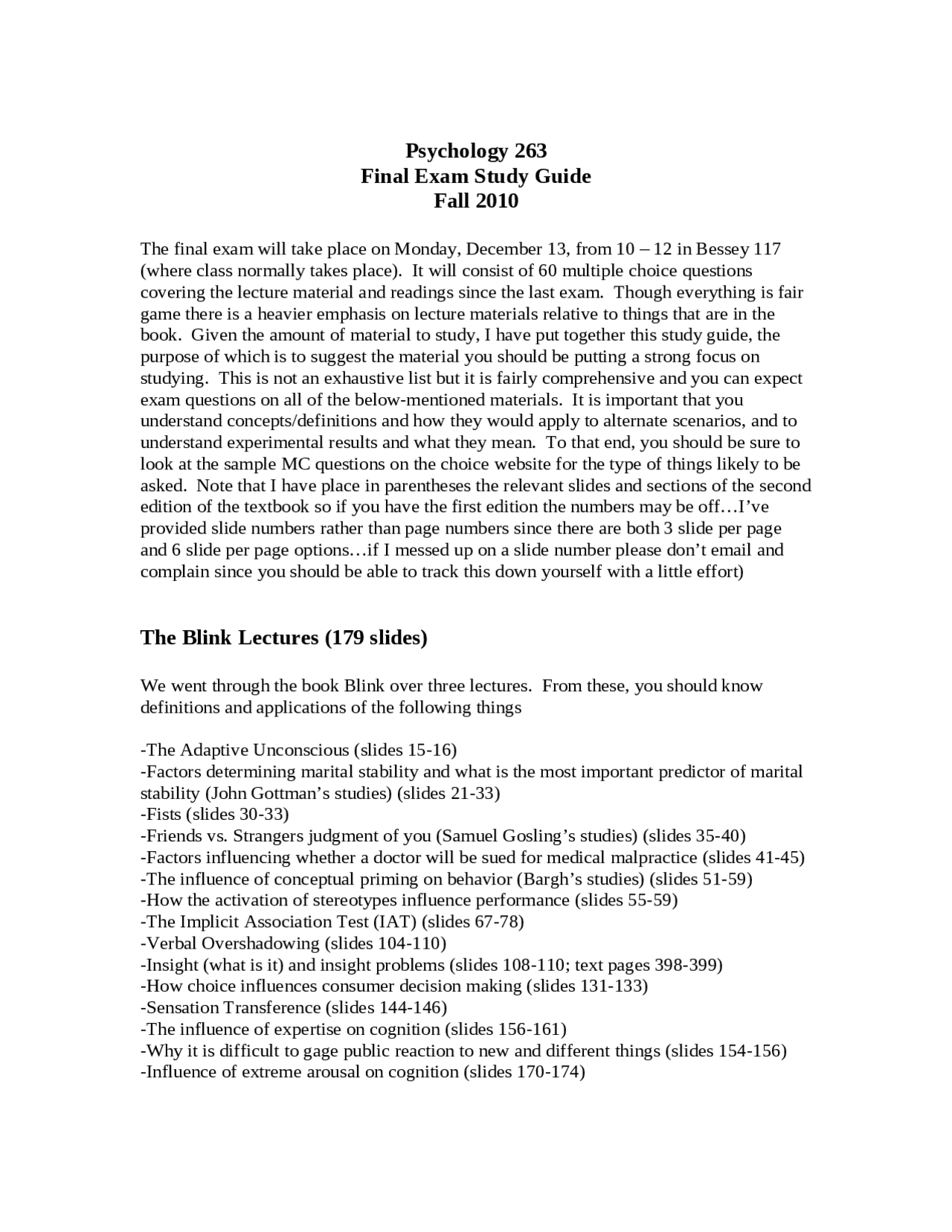 Final Exam Review Sheet Introduction To Cognitive Processes Psyc