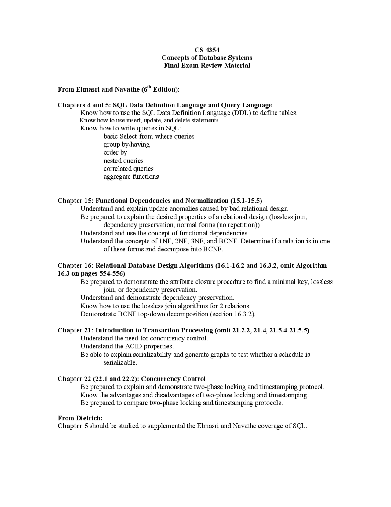 Final Exam Review Concepts Of Database Systems Cs 4354 Docsity