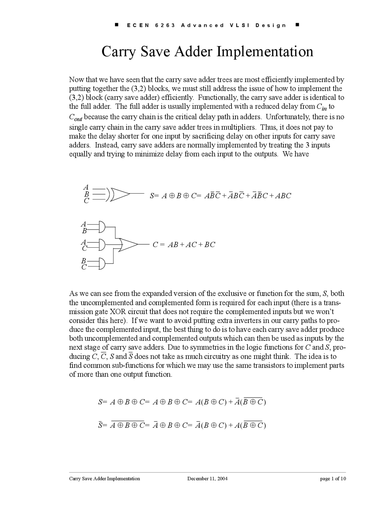 Carry Save Adder Implementation - Lecture Notes | EE 457 - Docsity
