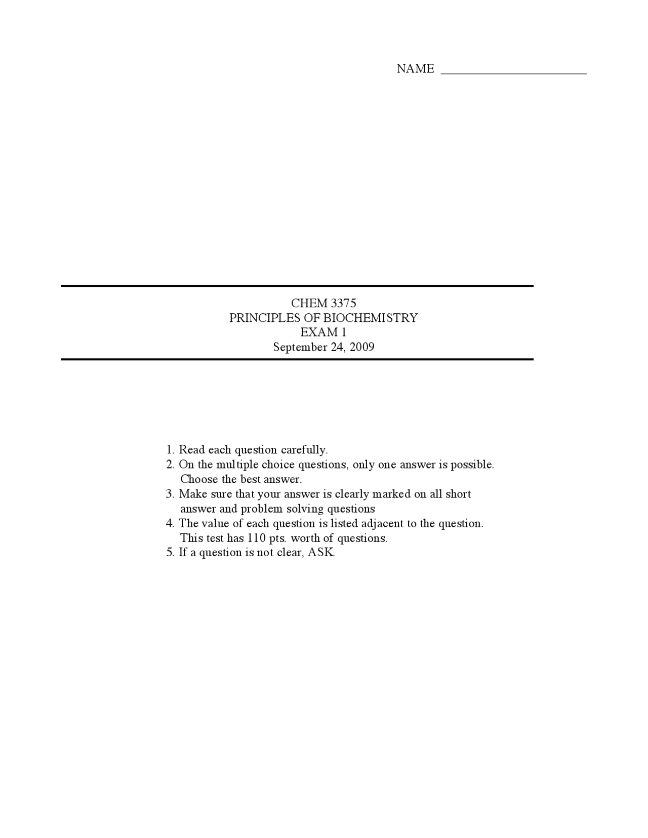 Exam 1 For Principles Of Biochemistry Chem 3375 Docsity