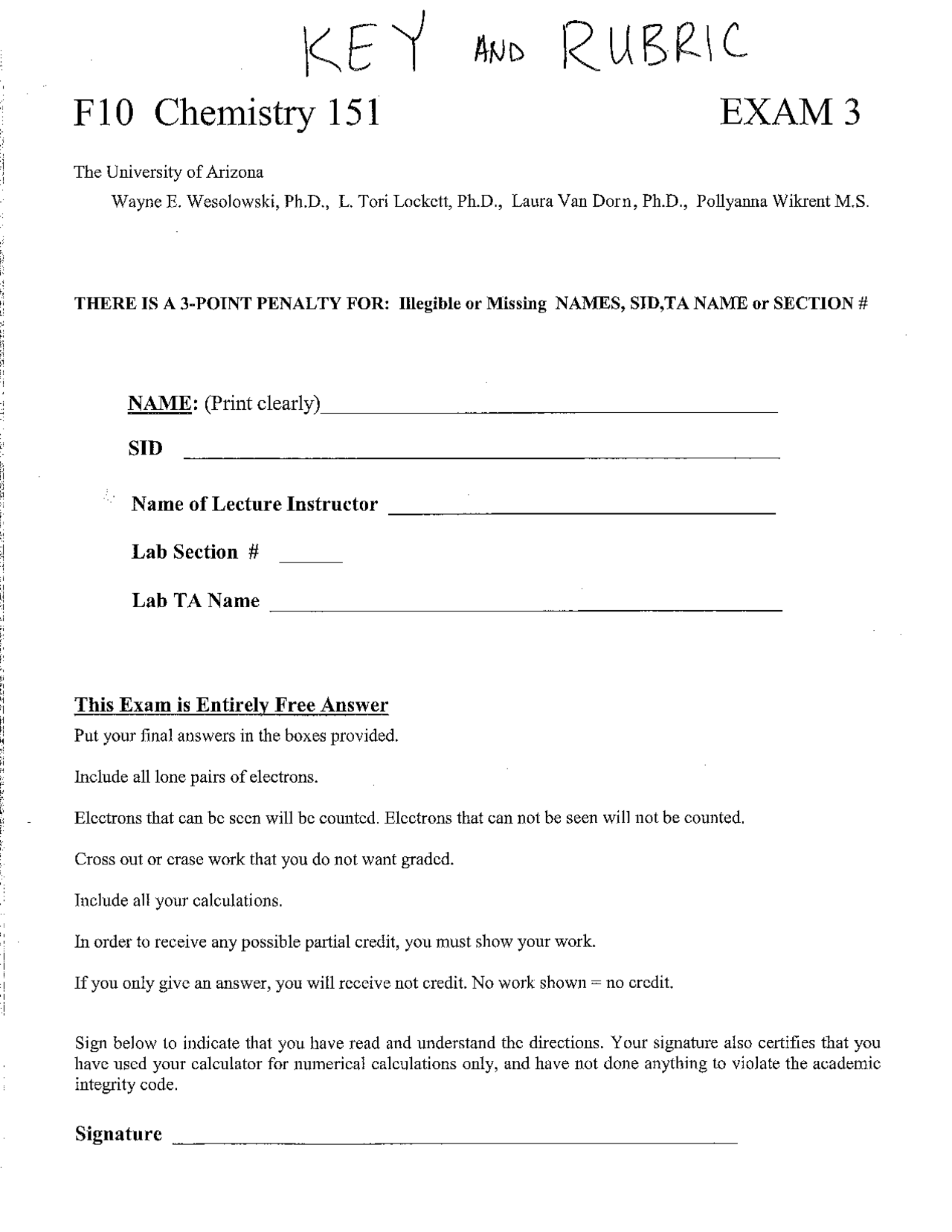 Answers Key Exam #3 - General Chemistry I | CHEM 151 | Exams Chemistry ...