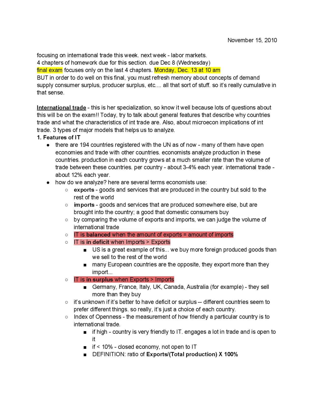 Notes On International Trade From Last Third Of Semester Econ 0100