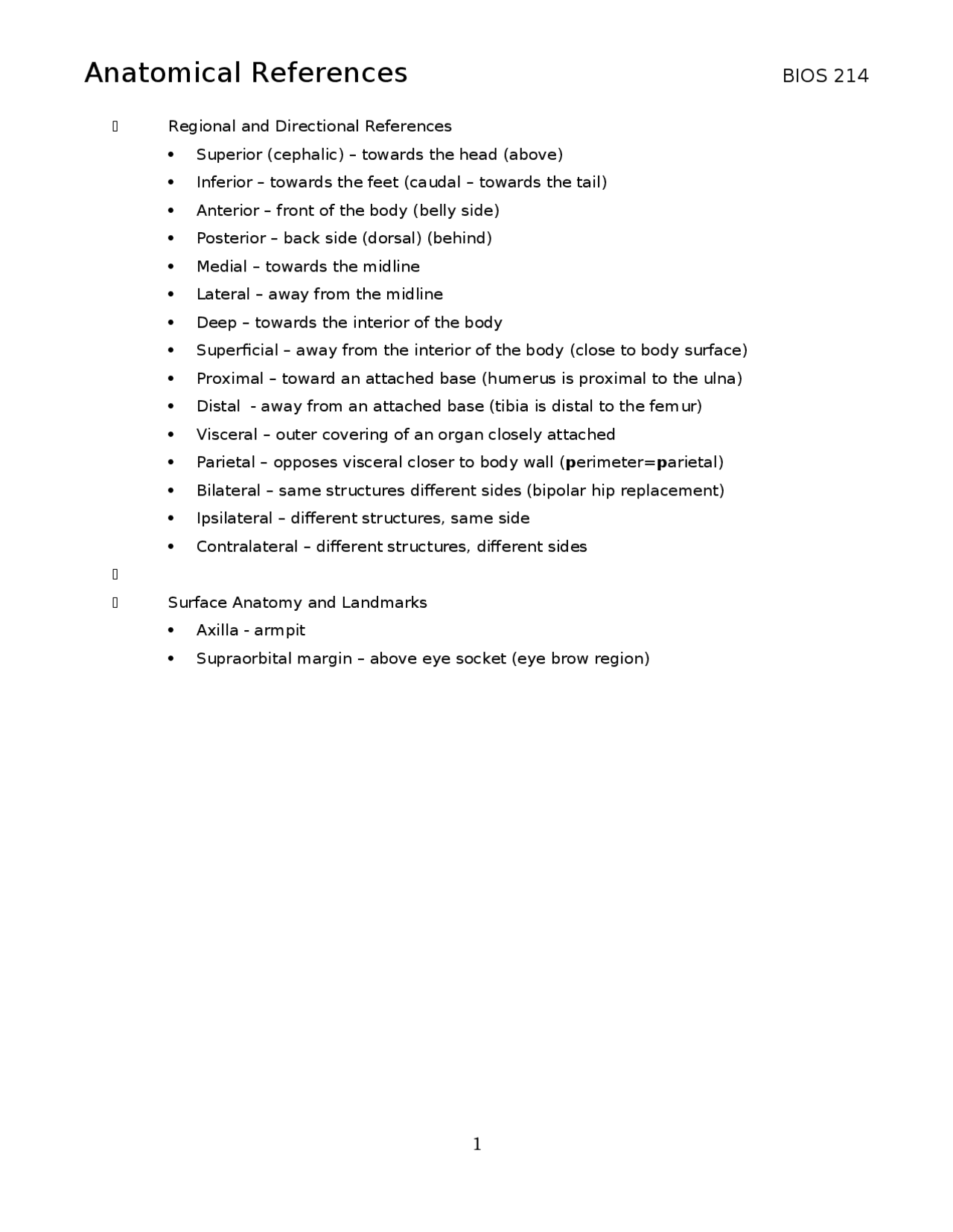 Anatomical References for Exam 1 - Human Anatomy - Lecture Notes | BIOS ...