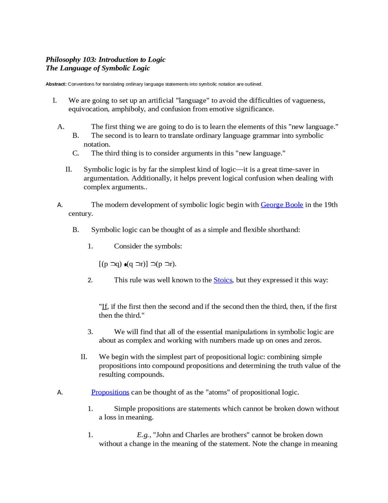 Introduction To Symbolic Logic Handout Phil 201 Docsity