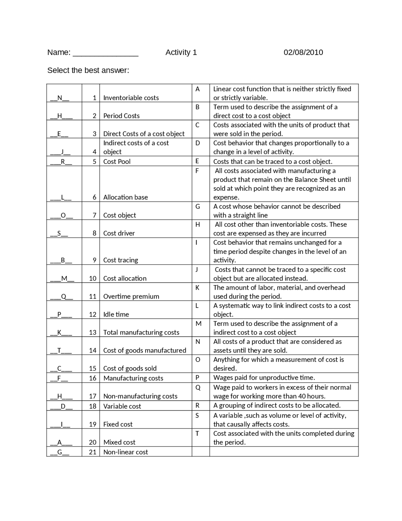 Practice Quiz 1 with Answer Key - Cost Accounting | ACCT 3270 | Quizzes Cost Accounting | Docsity