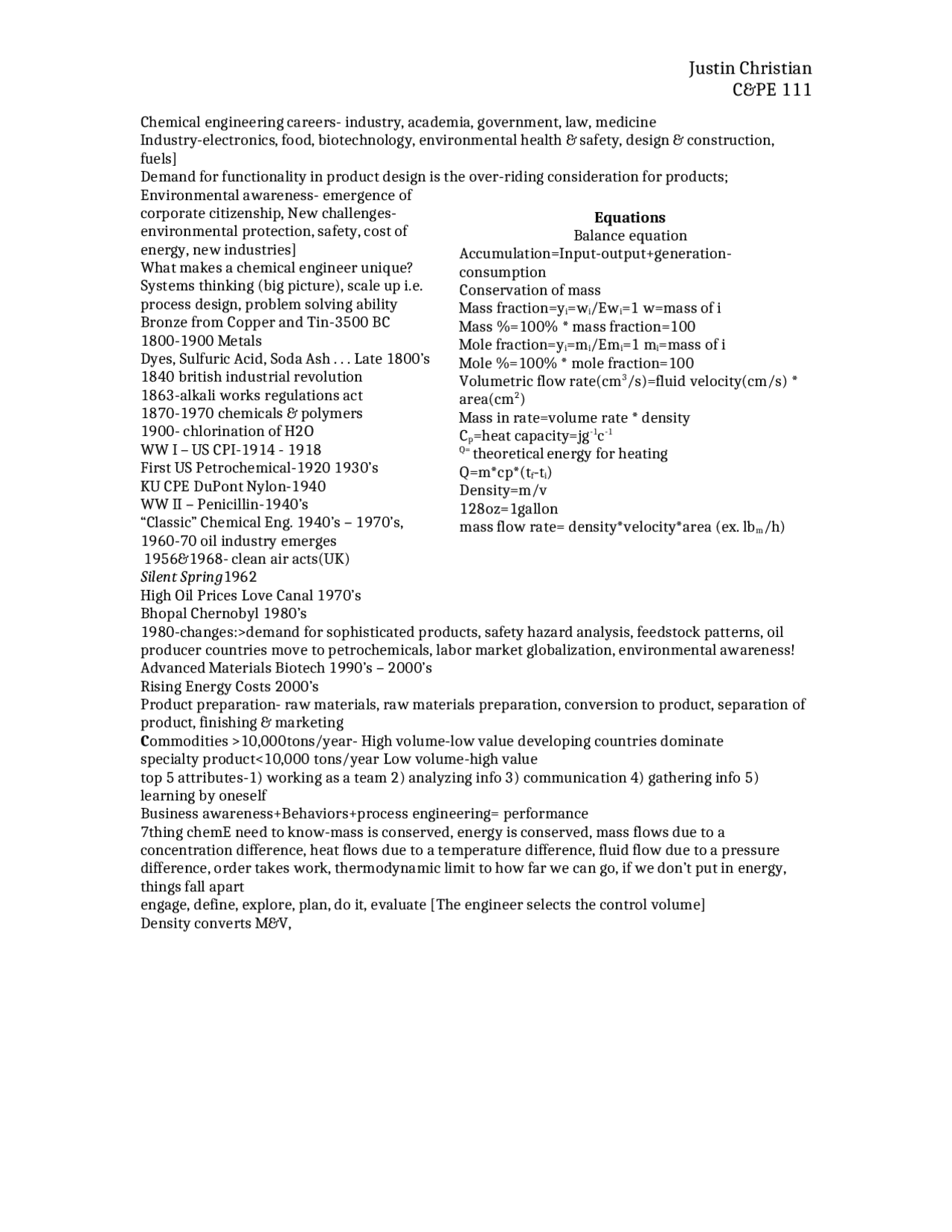 Cheat Sheet for Exam - Introduction to Chemistry Engineering Profession ...