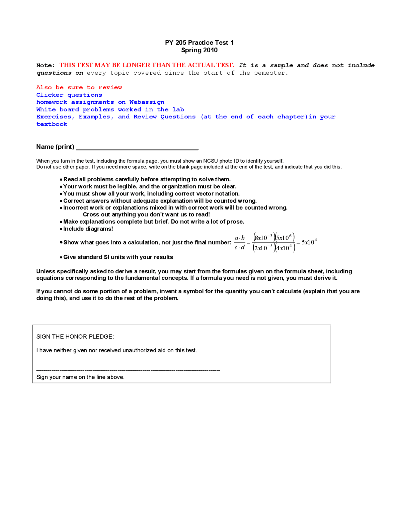 Practice Test 1 Physics For Engineers And Scientists I Spring 2010