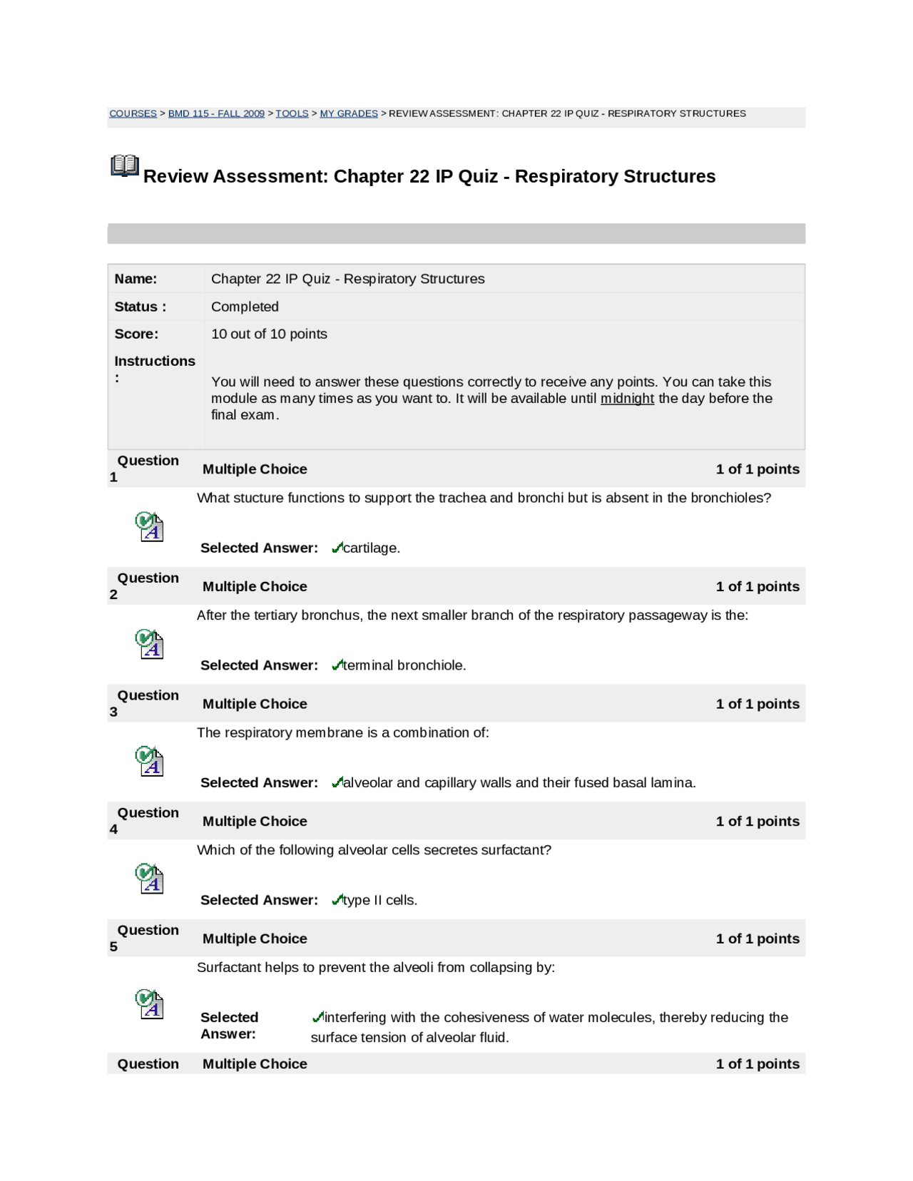 Review For Respiratory Structures Anatomy And Physiology I Bmd 114