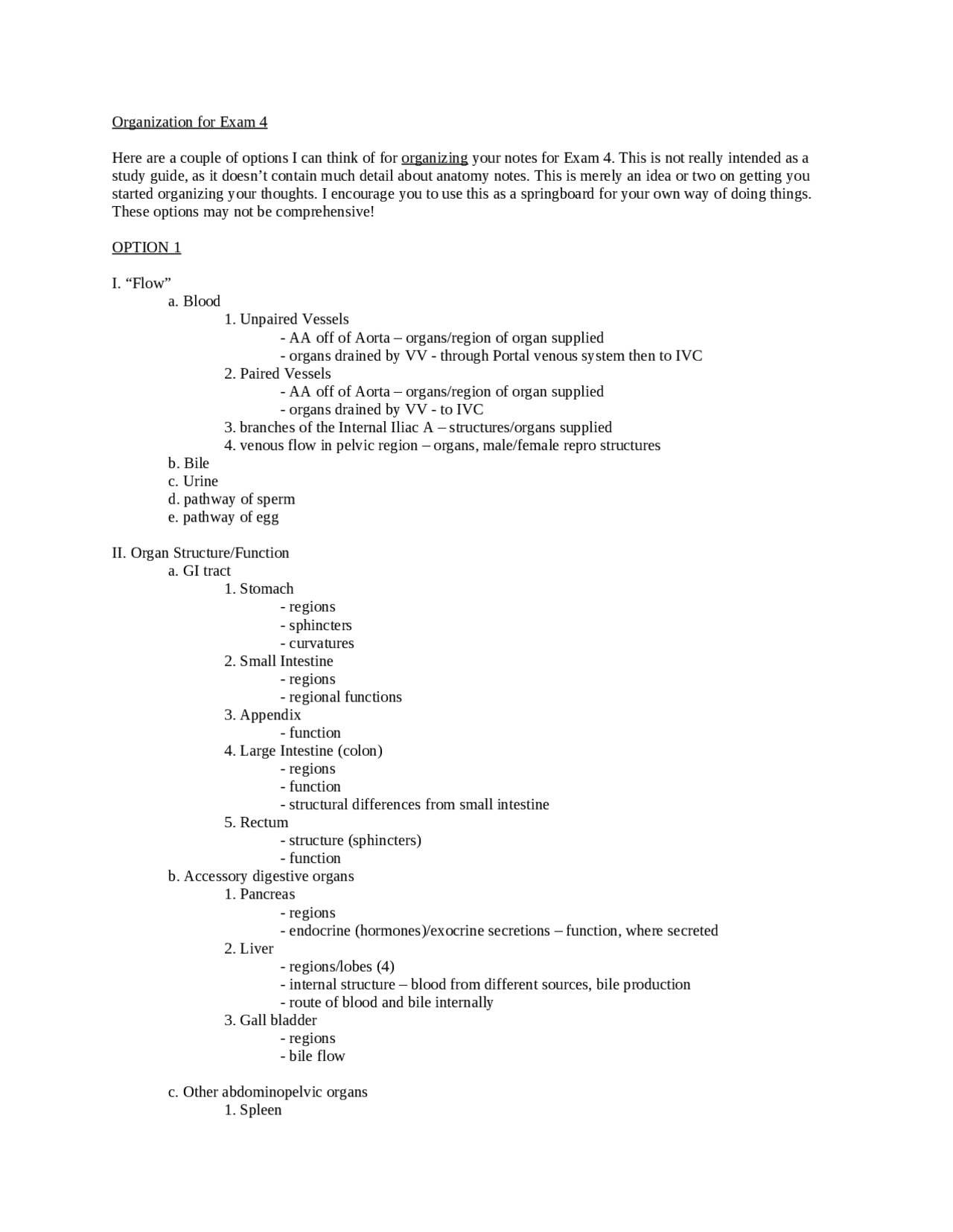 Organization for Exam 4 Study Guide - Human Anatomy | ZOO 2255 - Docsity