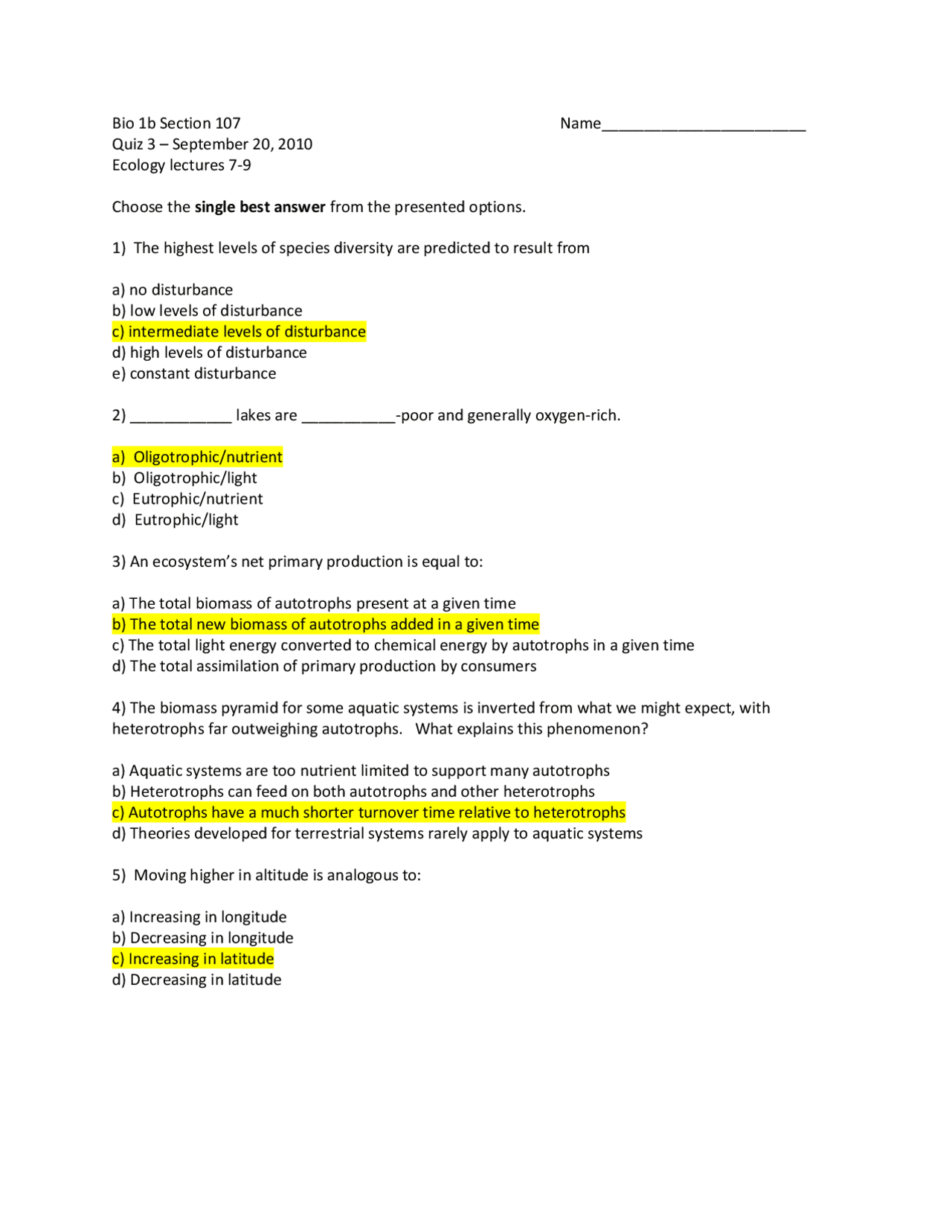 Answer Key Quiz 2 General Biology Biol 1b Quizzes Biology Docsity