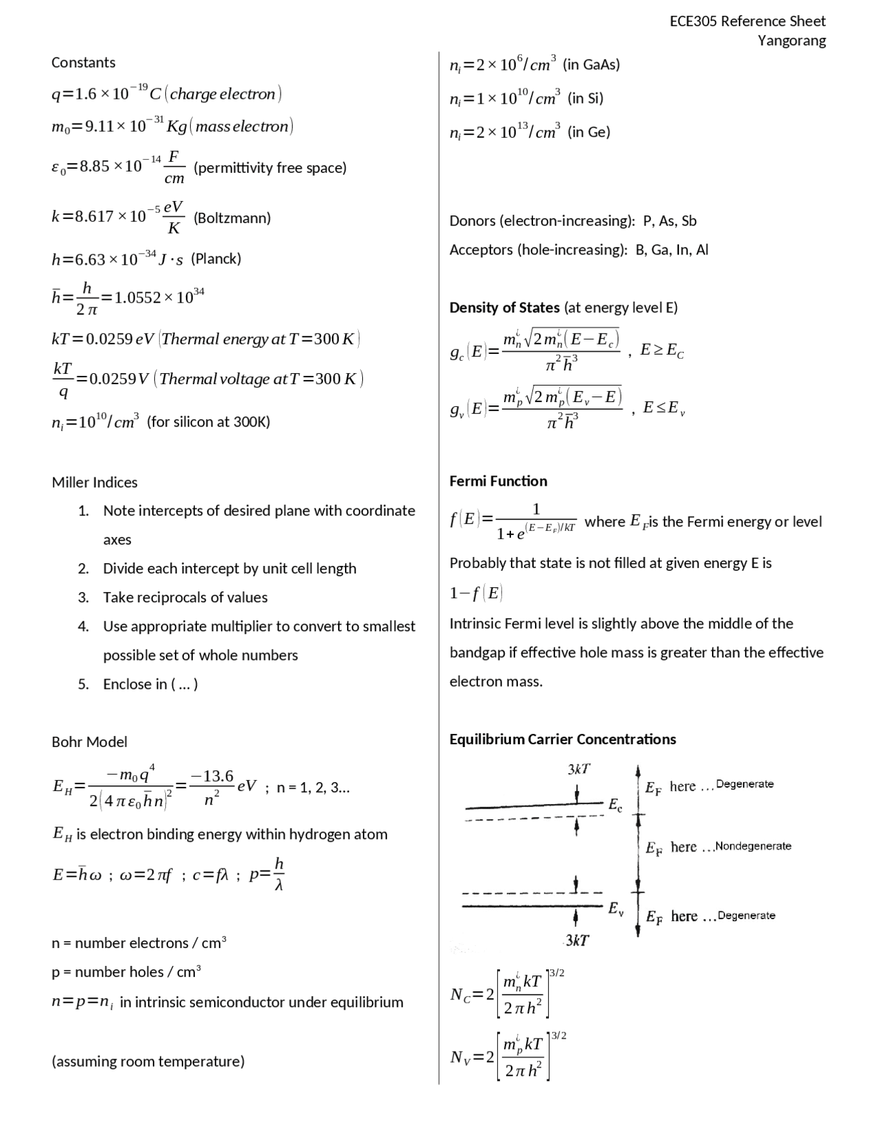 Reference Sheet Semiconductor Devices Lecture Notes Ece 30500