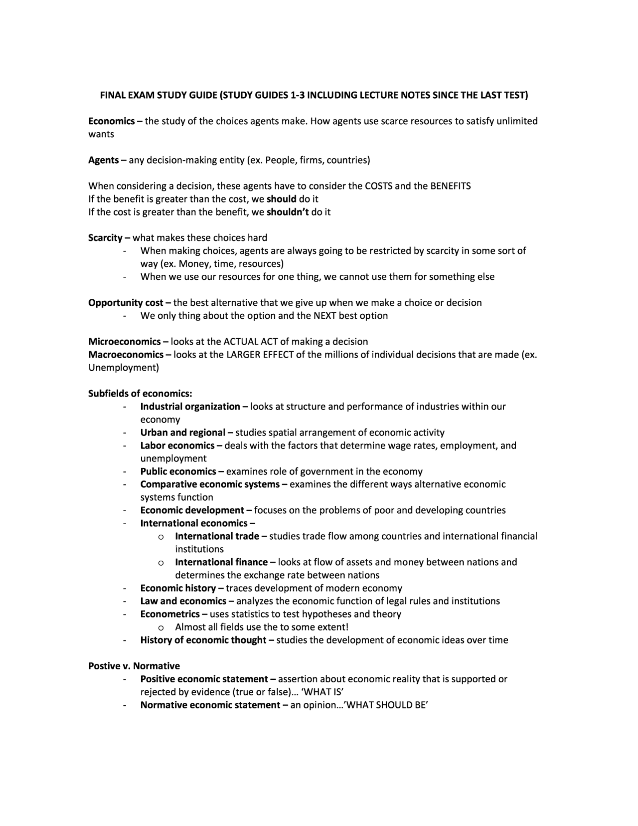 Principles of Economics - Final Exam Study Guide | ECON 2005 - Docsity