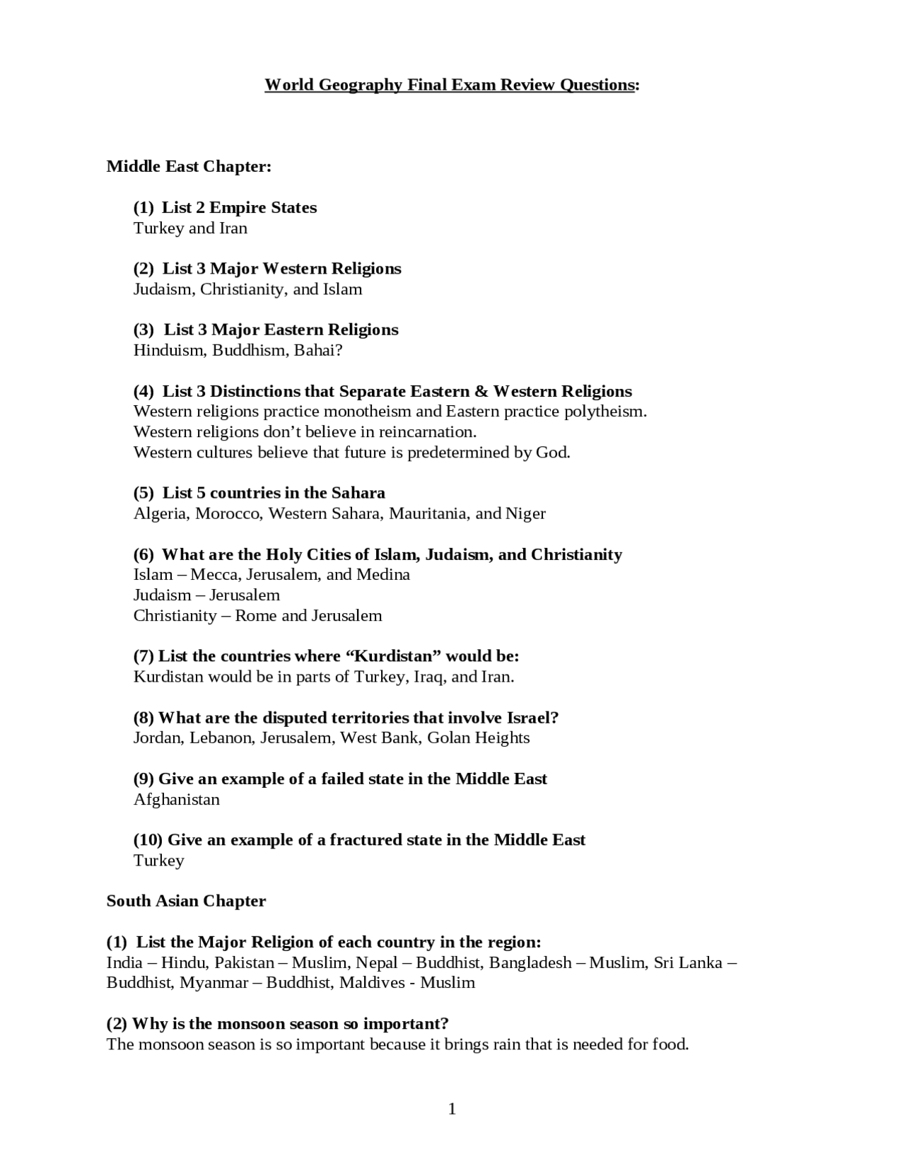 Final Exam Review Questions | Major World Regions | GGS 101 | Study ...