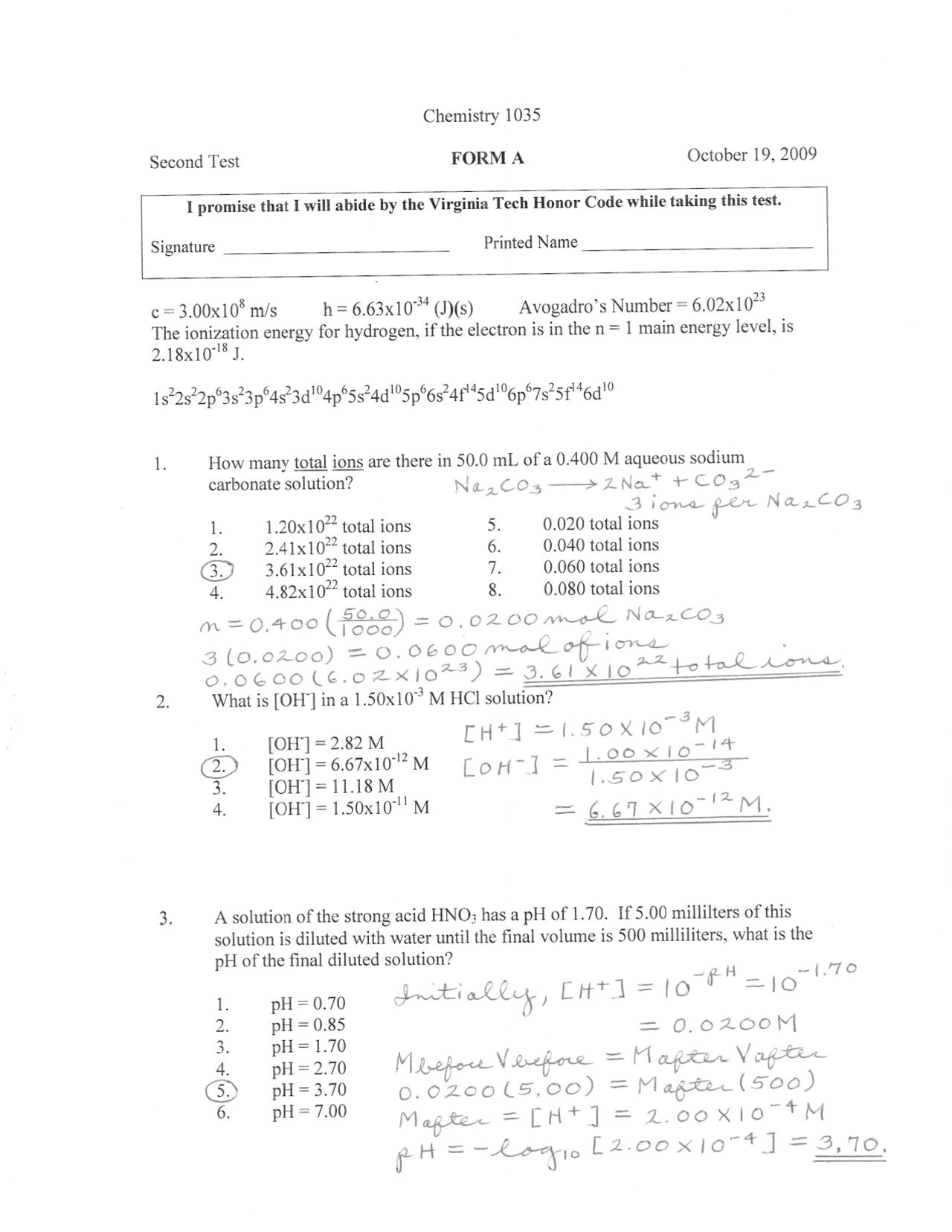 Solutions for Exam 2 Form A - General Chemistry | CHEM 1035 - Docsity