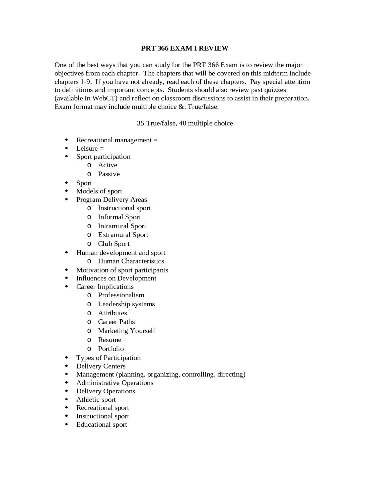 Exam 1 Review Sheet - Sport Programming | PRT 366 | Exams Hospitality ...