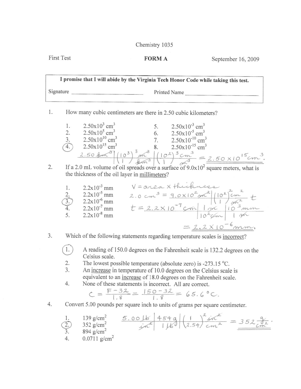 Exam 1 Answer Key - General Chemistry | CHEM 1035 - Docsity