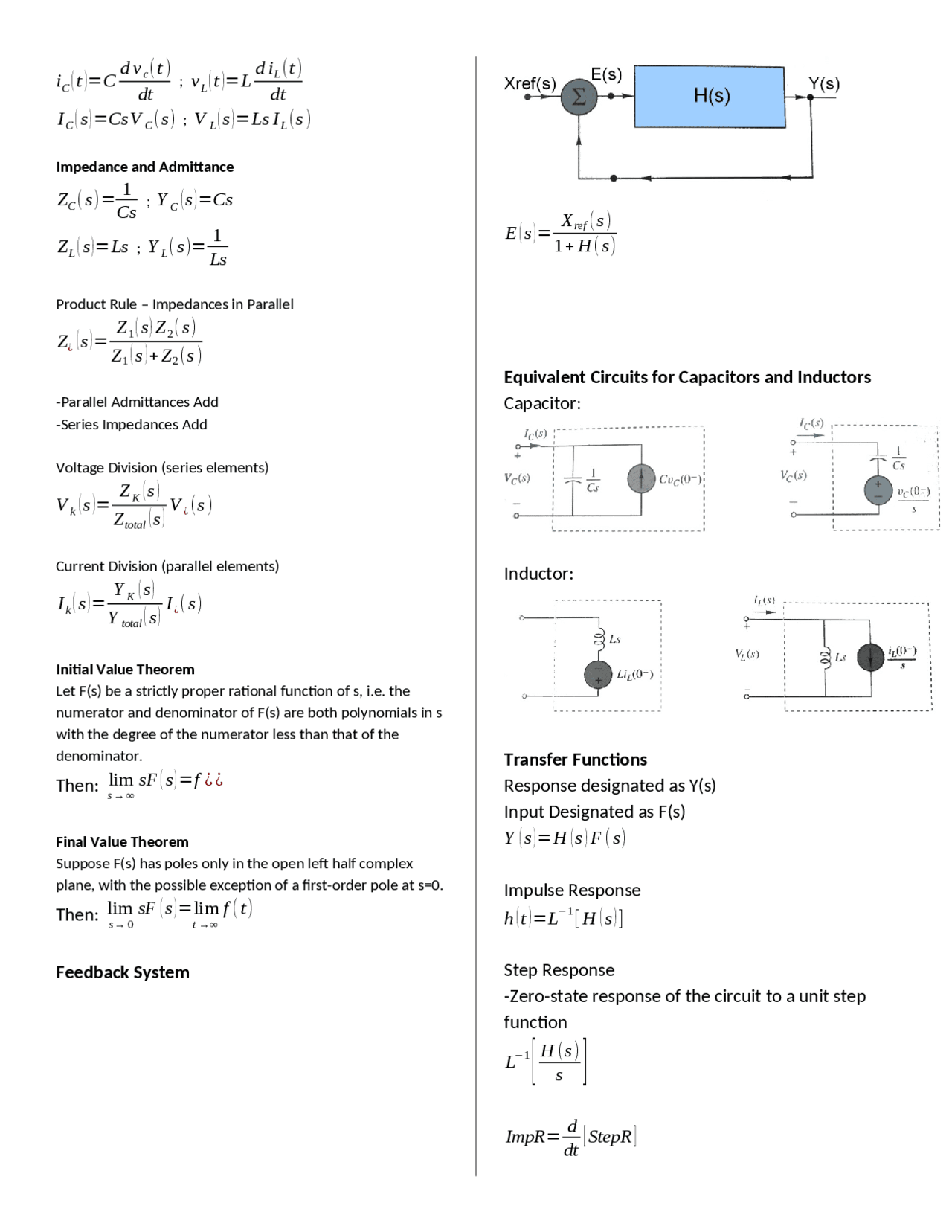 Cheat Sheet Linear Circuit Analysis Ii Ece 20200 Docsity