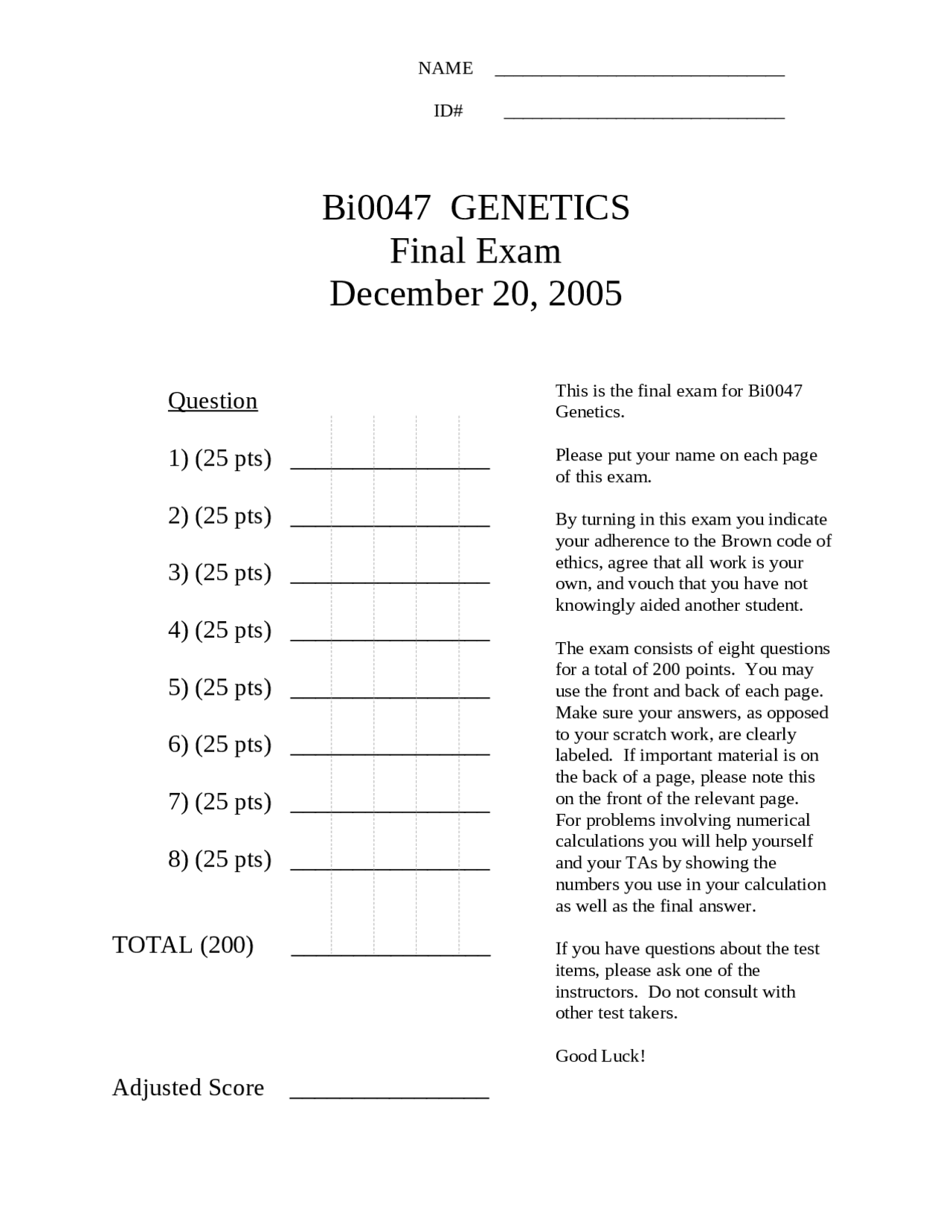 Final Exam Questions | Genetics 2005 | BIOL 0470 - Docsity